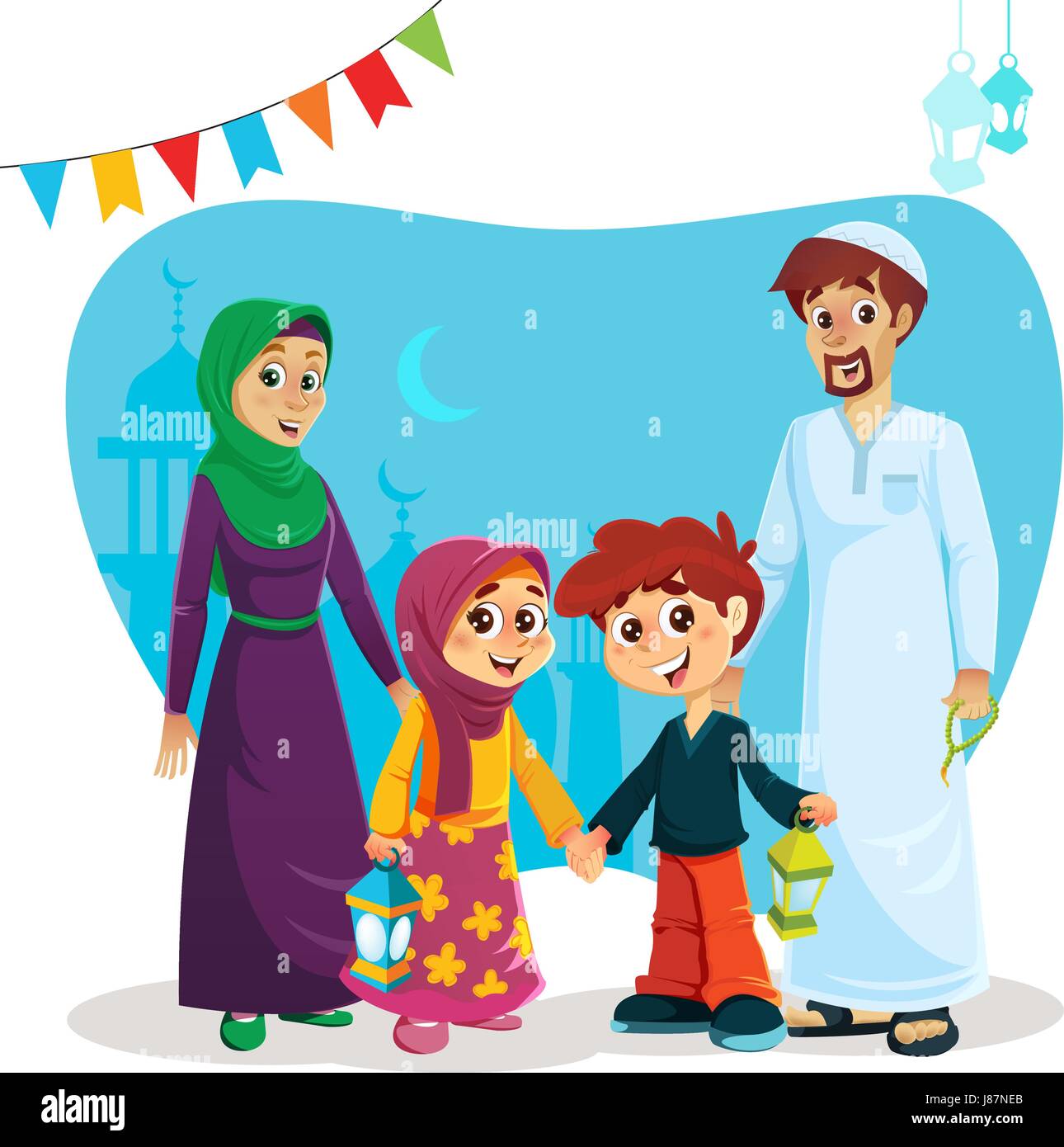Happy Muslim Family of Parents and Children with Ramadan Icons Stock ...
