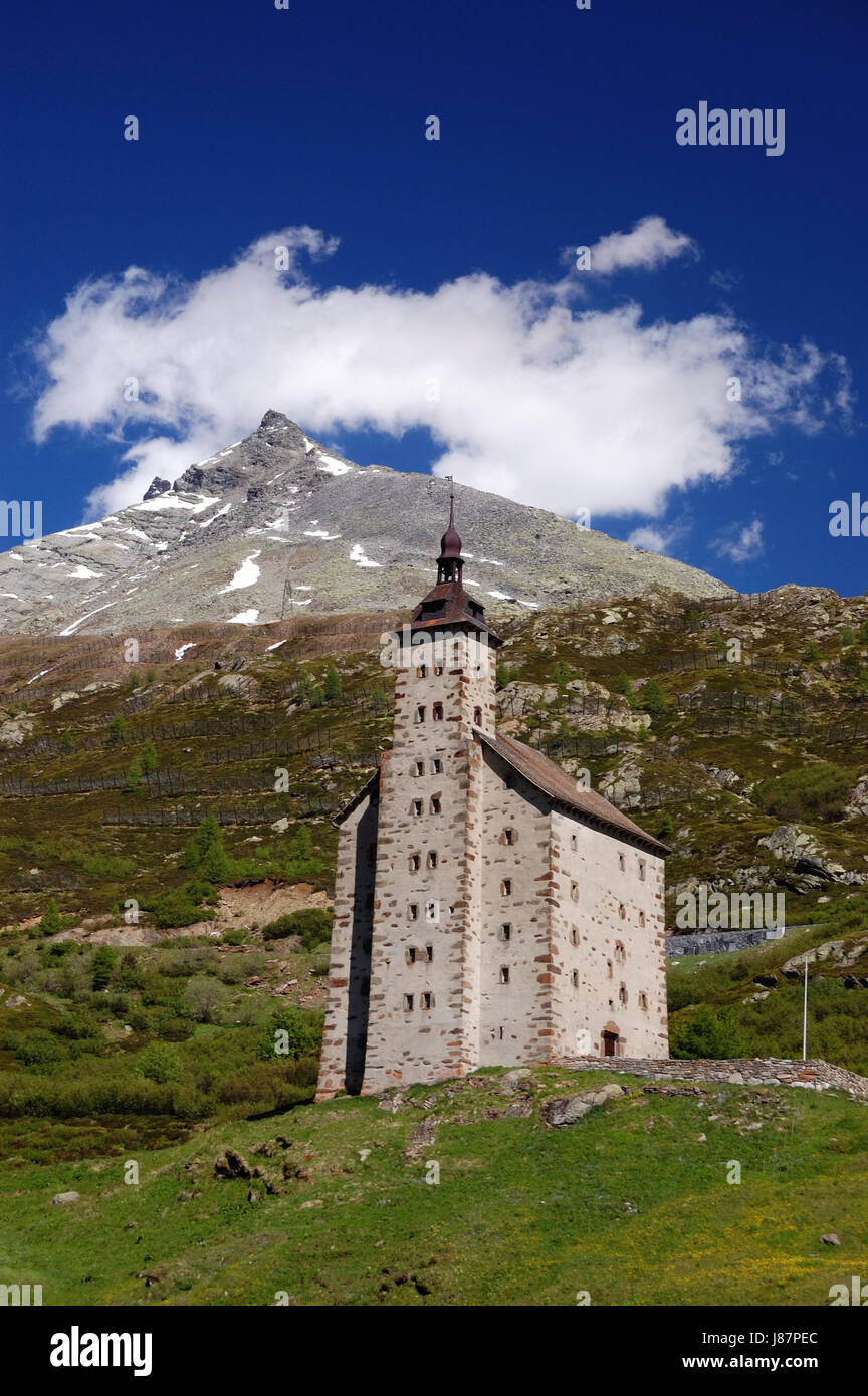 blue, house, building, tower, church, mountains, alps, summer, summerly ...