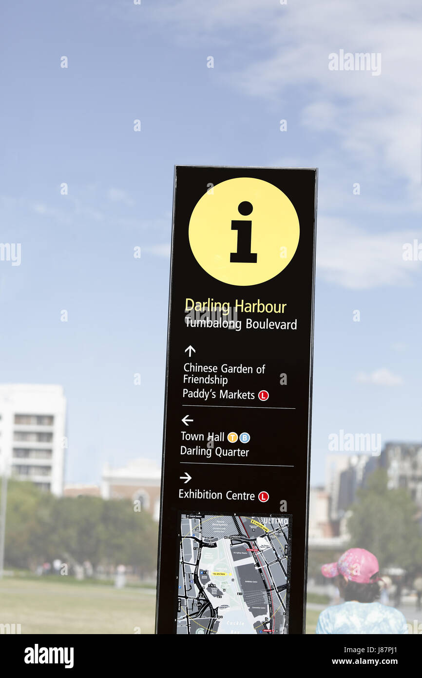A sign showing the 'i', information symbol at Tumbalong Boulevard ...