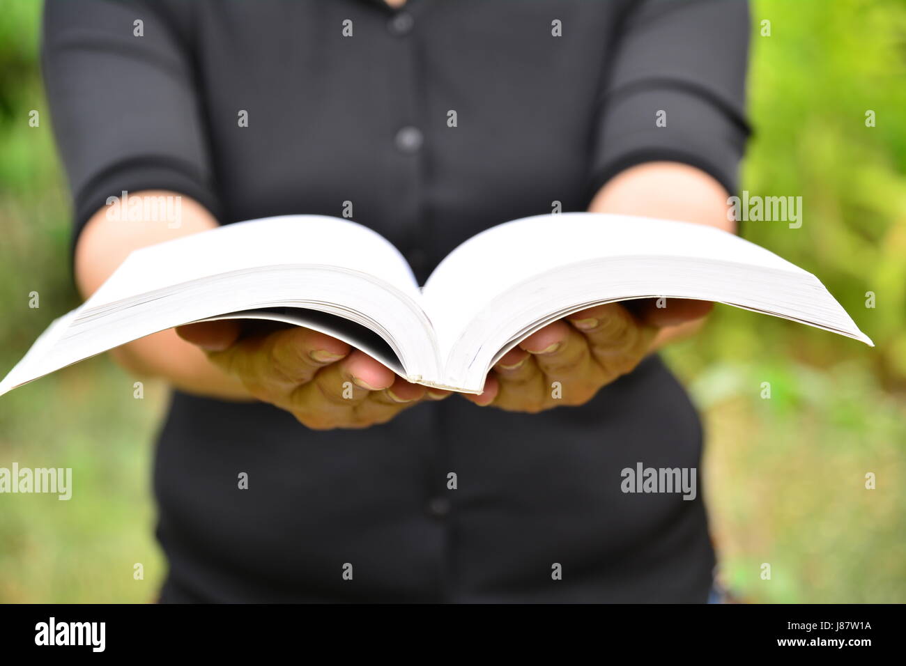 Hands of person hold the book on nature background Stock Photo - Alamy