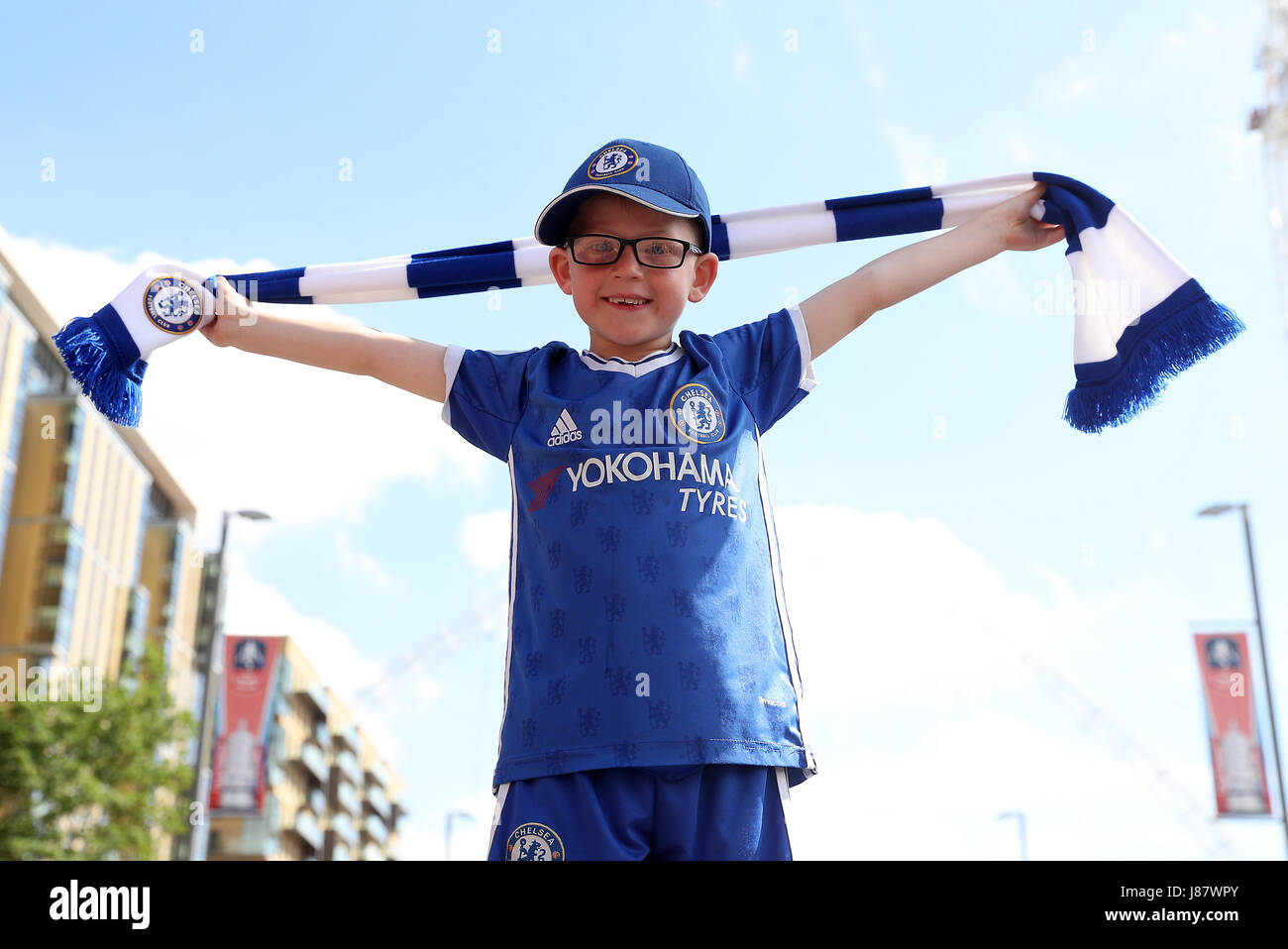 A young Chelsea fan shows his support before the Emirates FA Cup Final ...