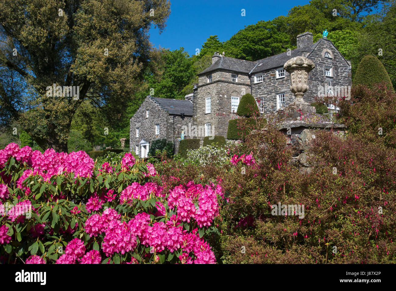 House and garden in spring. Plas Brondanw gardens near Garreg, North ...