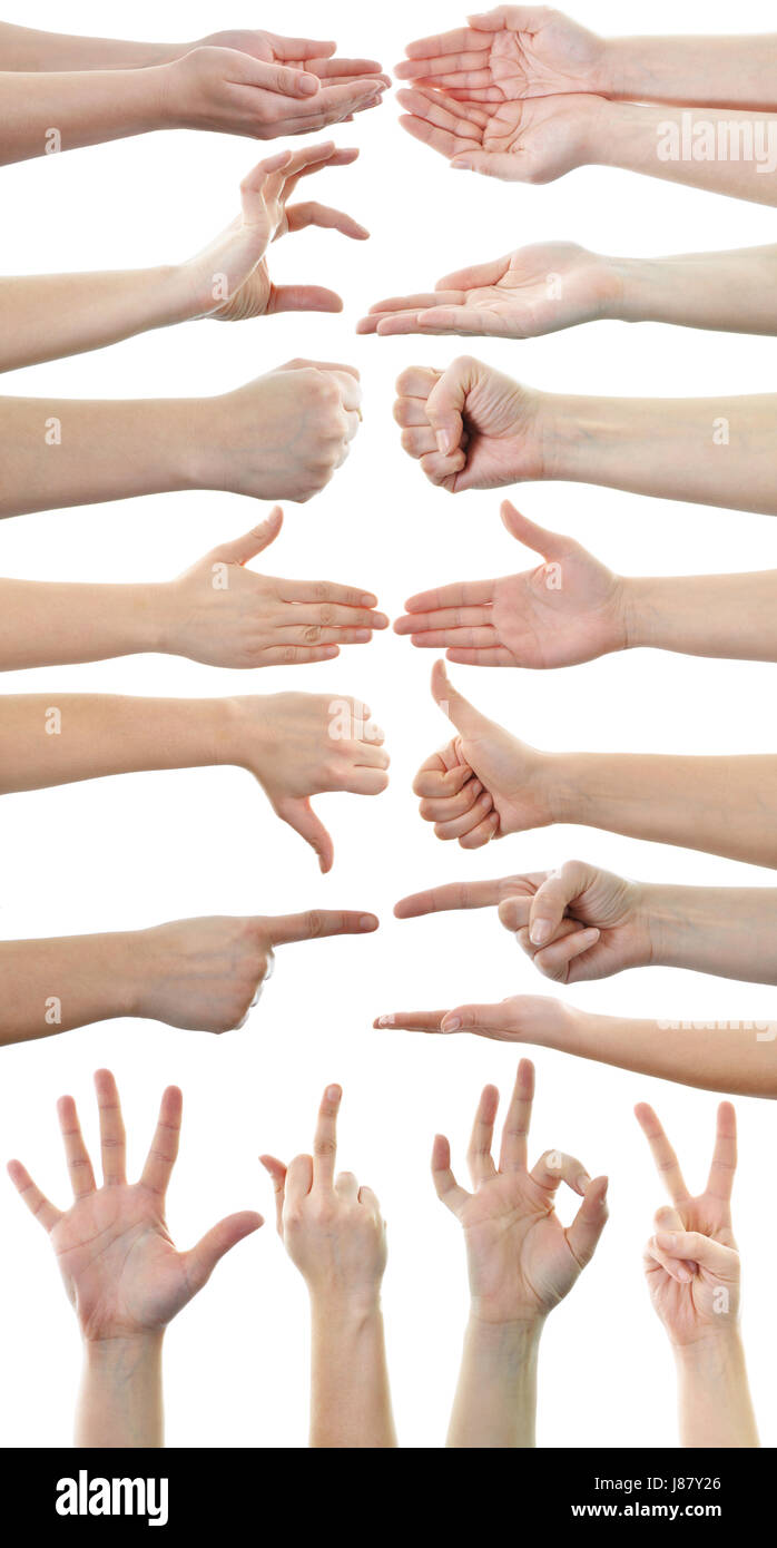 set of many different hands over white background Stock Photo - Alamy
