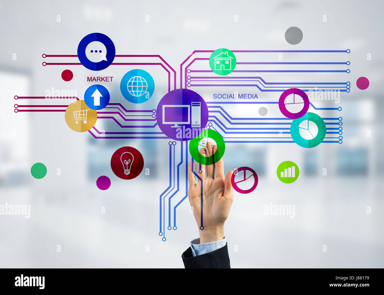 Modern office interior and close of businesswoman hand choosing icon on ...