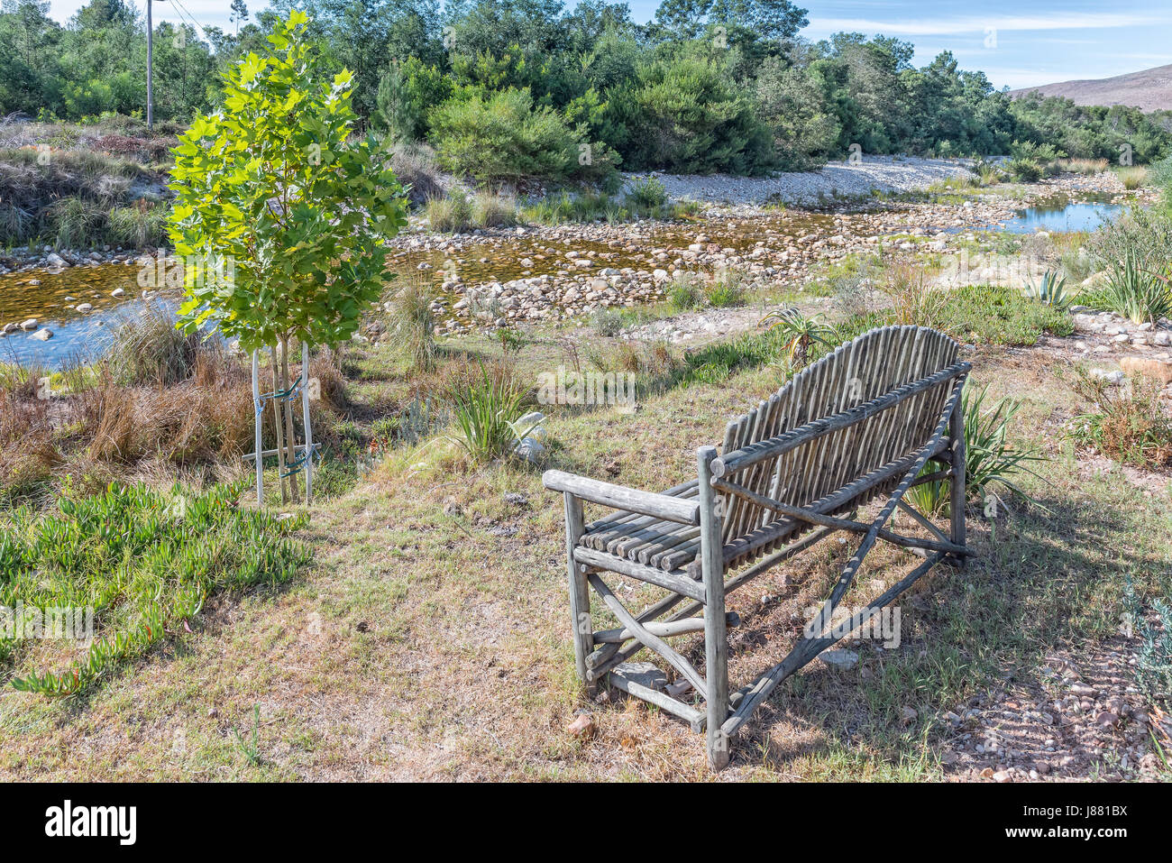 A bench next to the Gobos river at Greyton, a small town in the Western ...