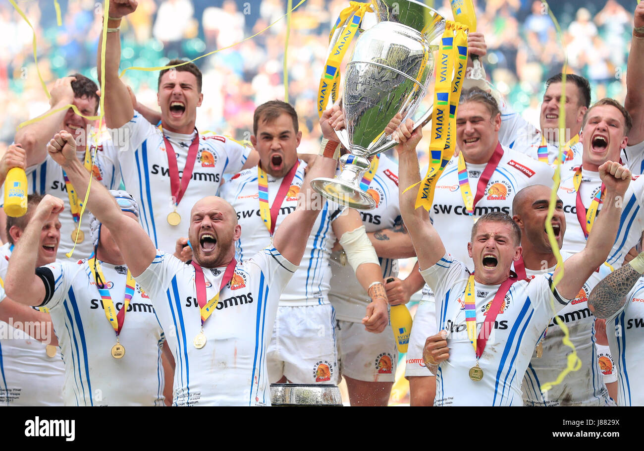 Exeter Chiefs players lift the trophy as they celebrate winning the ...
