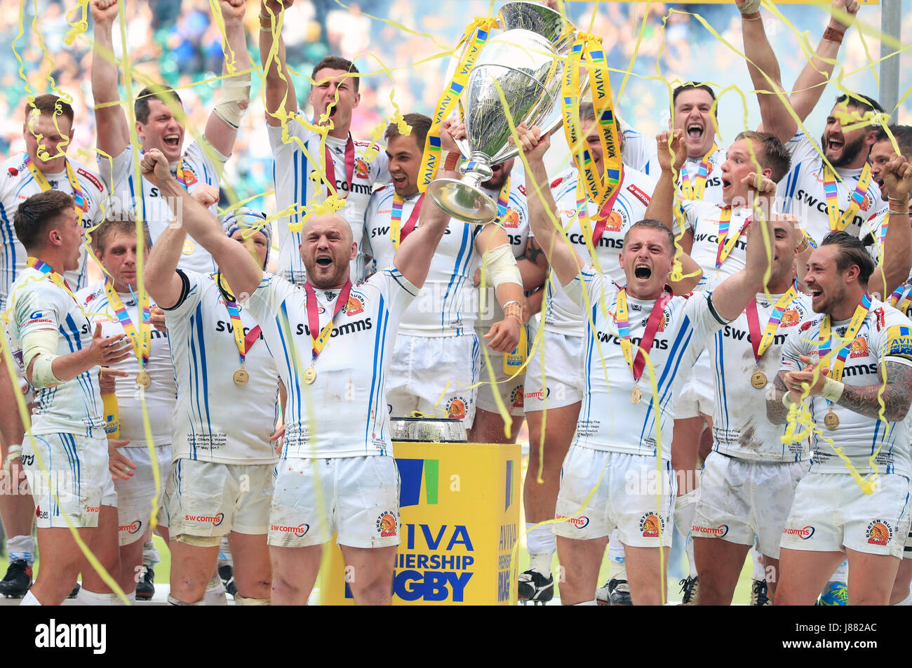 Exeter Chiefs players lift the trophy as they celebrate winning the ...