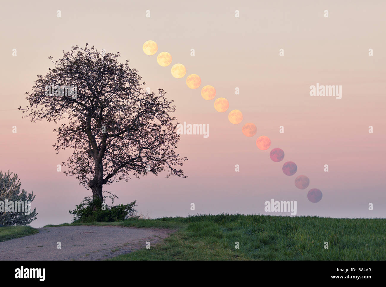 Full moon rising over beautiful countryside landscape Stock Photo - Alamy