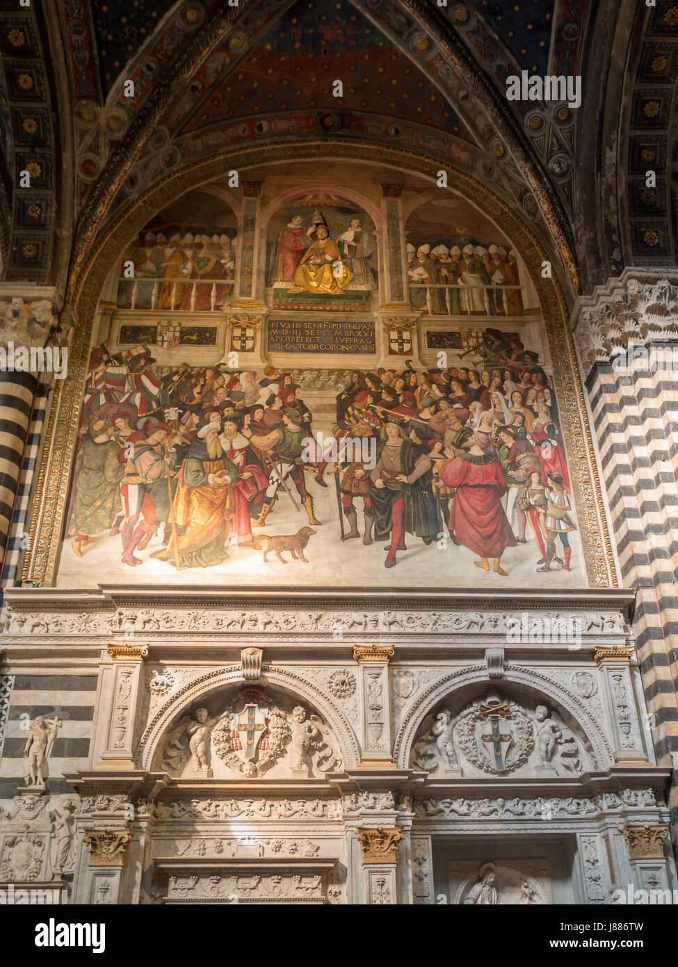 Wall fresco above Piccolomini Library entrance, Siena Duomo Stock Photo ...