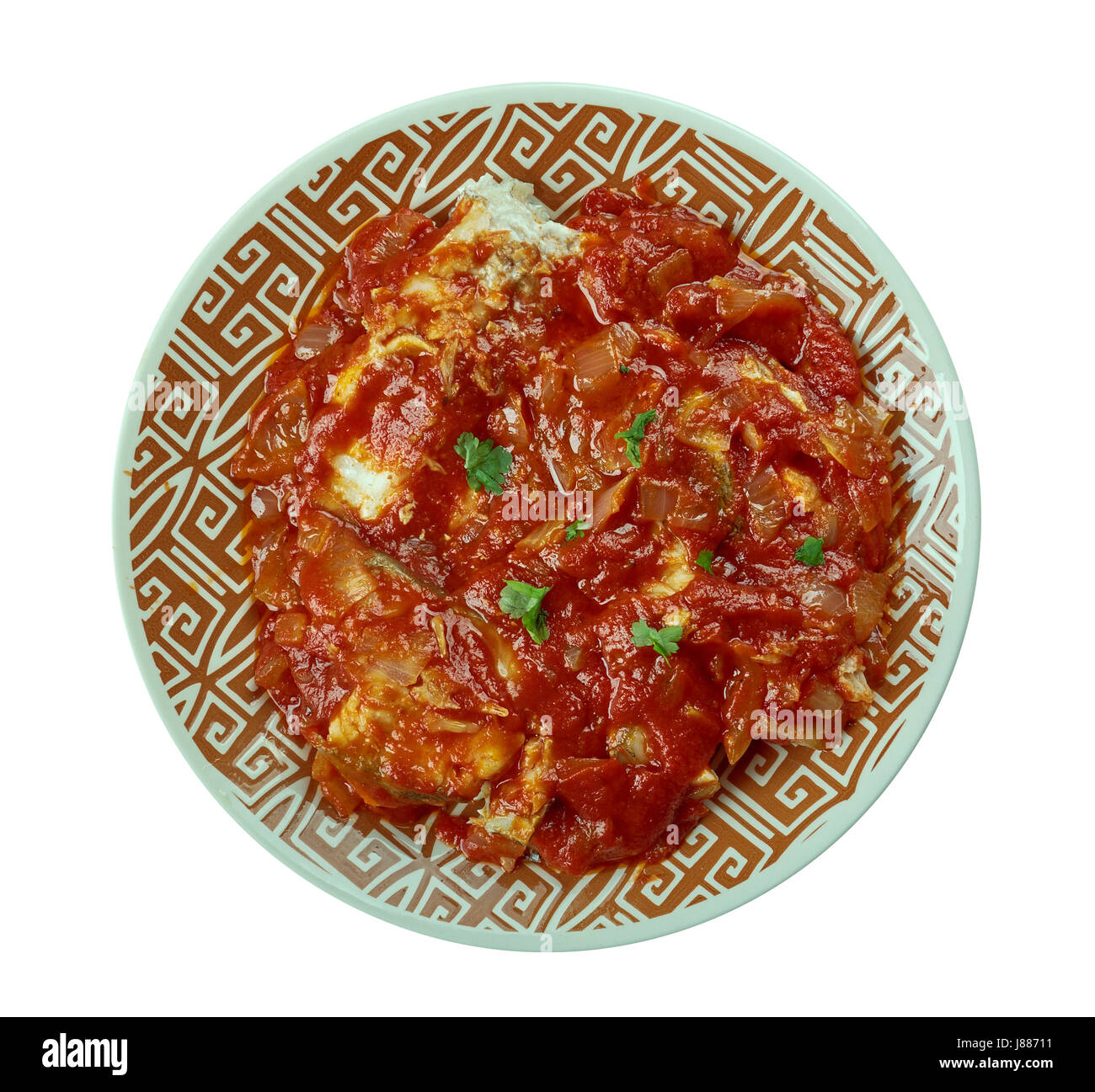 Bourdeto - dish from Corfu. fish cooked in tomato sauce with onion ...