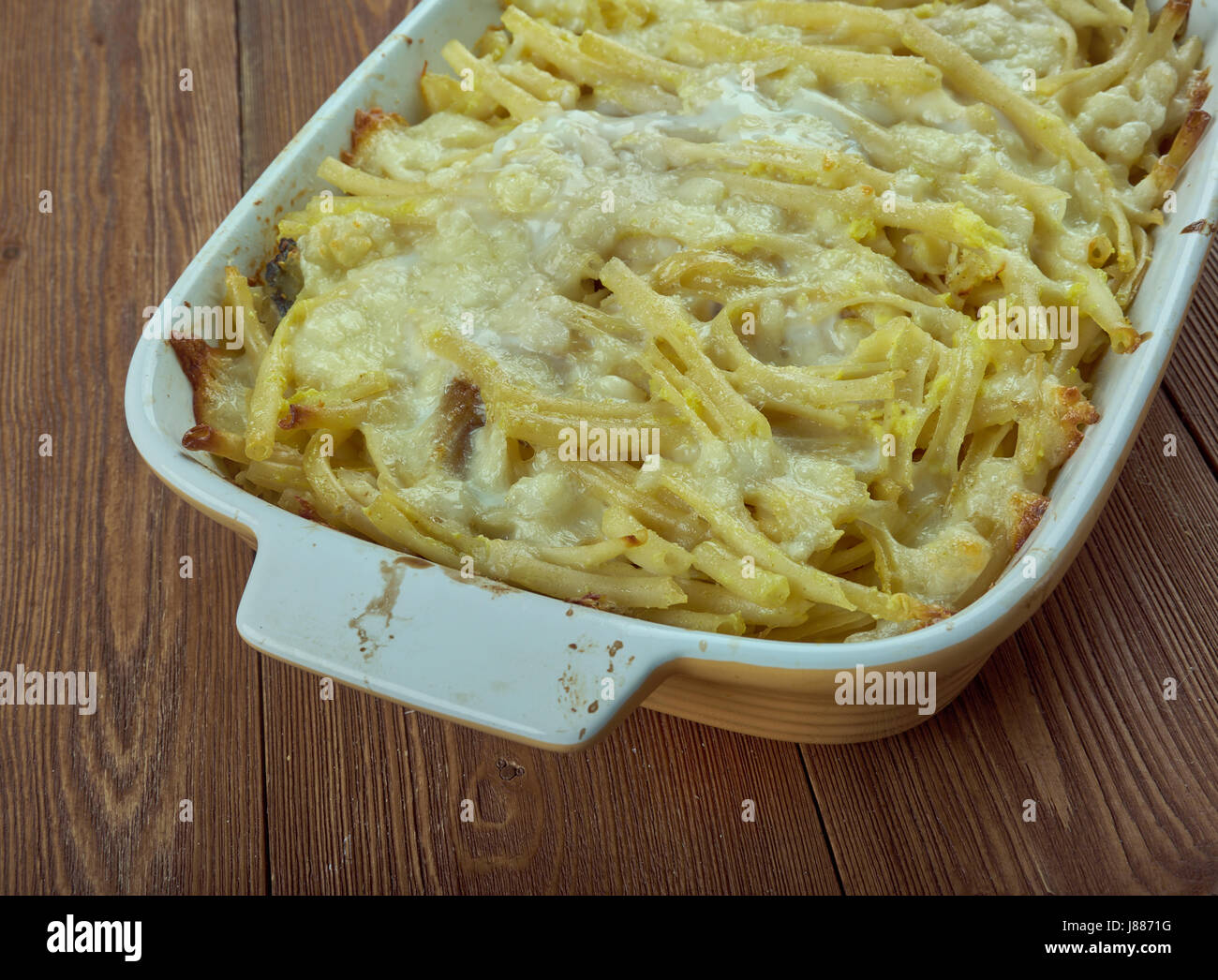 Baked Cod Fish Fillets and macaroni Casserole Stock Photo - Alamy