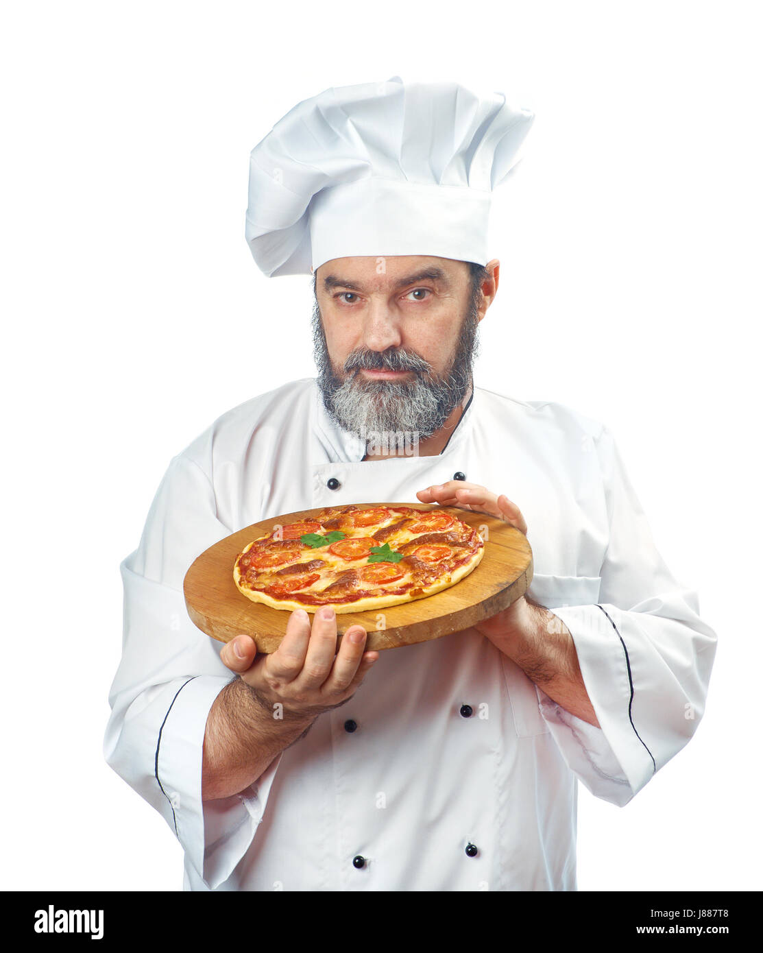 chief cook holding pizza napoletana isolated on white Stock Photo - Alamy