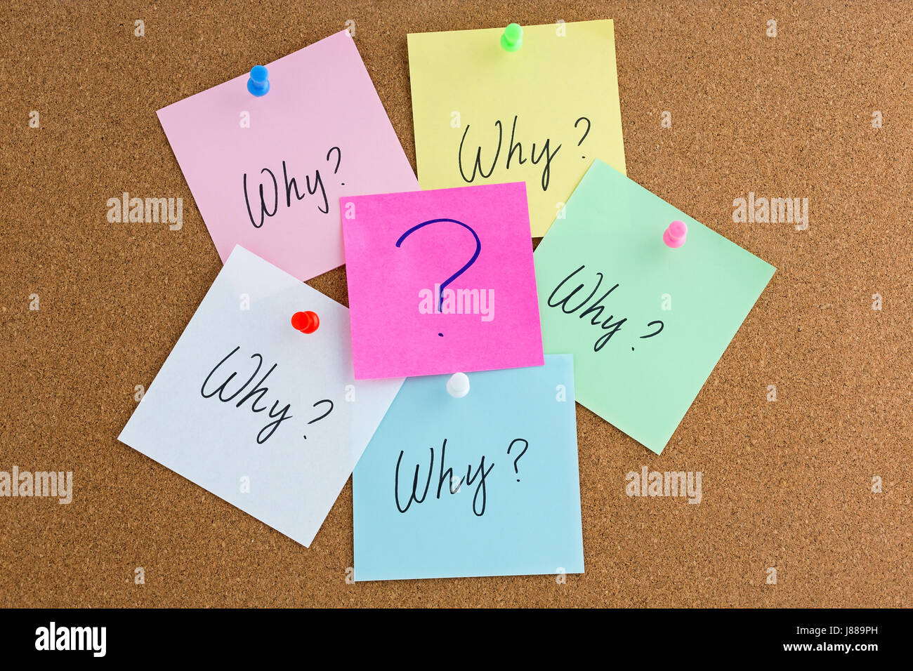 Notes with question marks on cork bulletin board Stock Photo - Alamy
