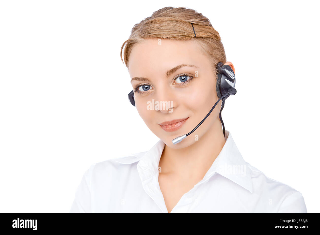 Support phone operator in headset, blonde girl, isolated Stock Photo ...
