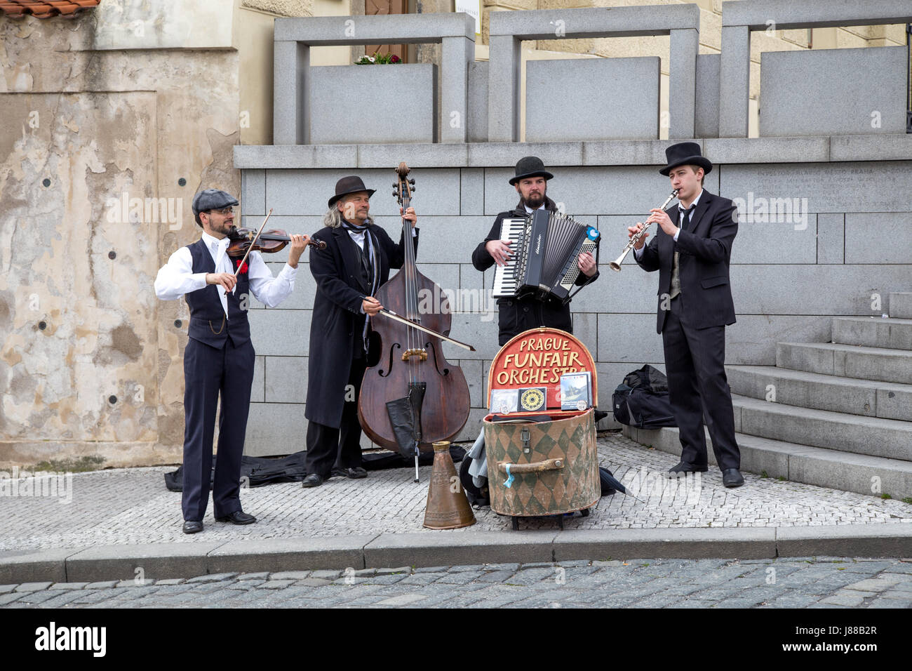 Prague, Czech Republic - March 20, 2017: Group of street musicians ...