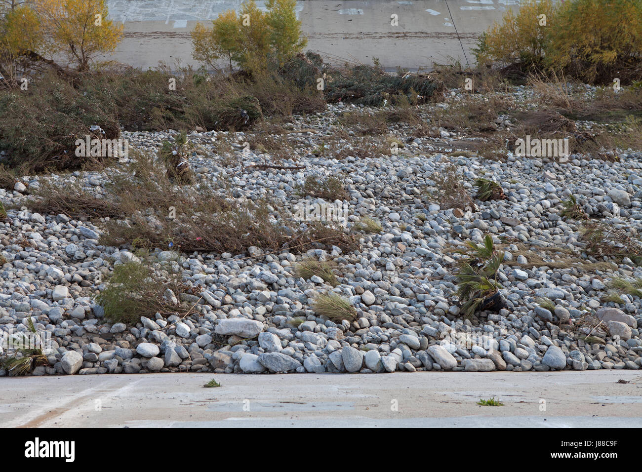 Dry riverbed of the Los Angeles River between Atwater and Silver Lake ...