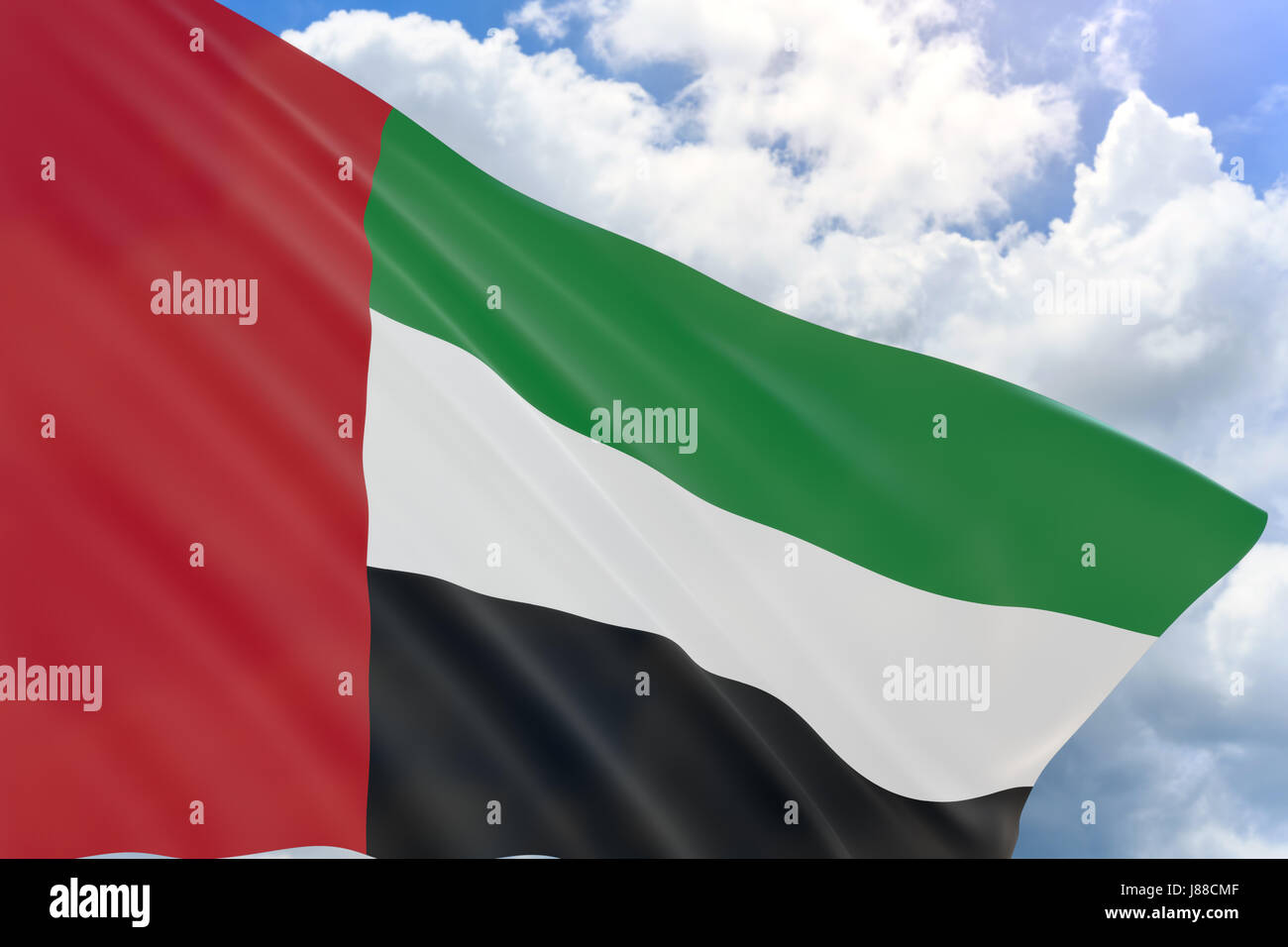 3D rendering of United Arab Emirates flag waving on blue sky background ...