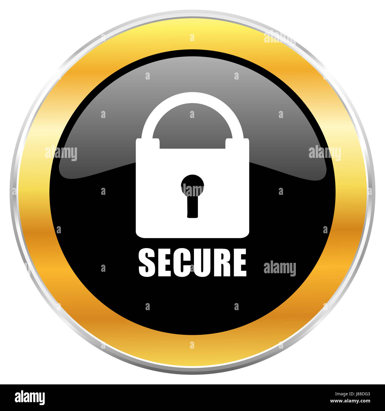 Secure black web icon with golden border isolated on white background ...