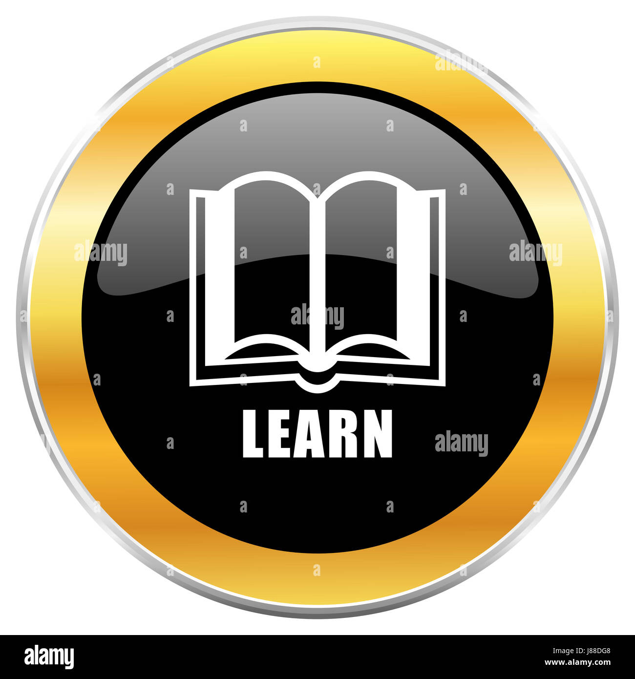 Learn black web icon with golden border isolated on white background ...