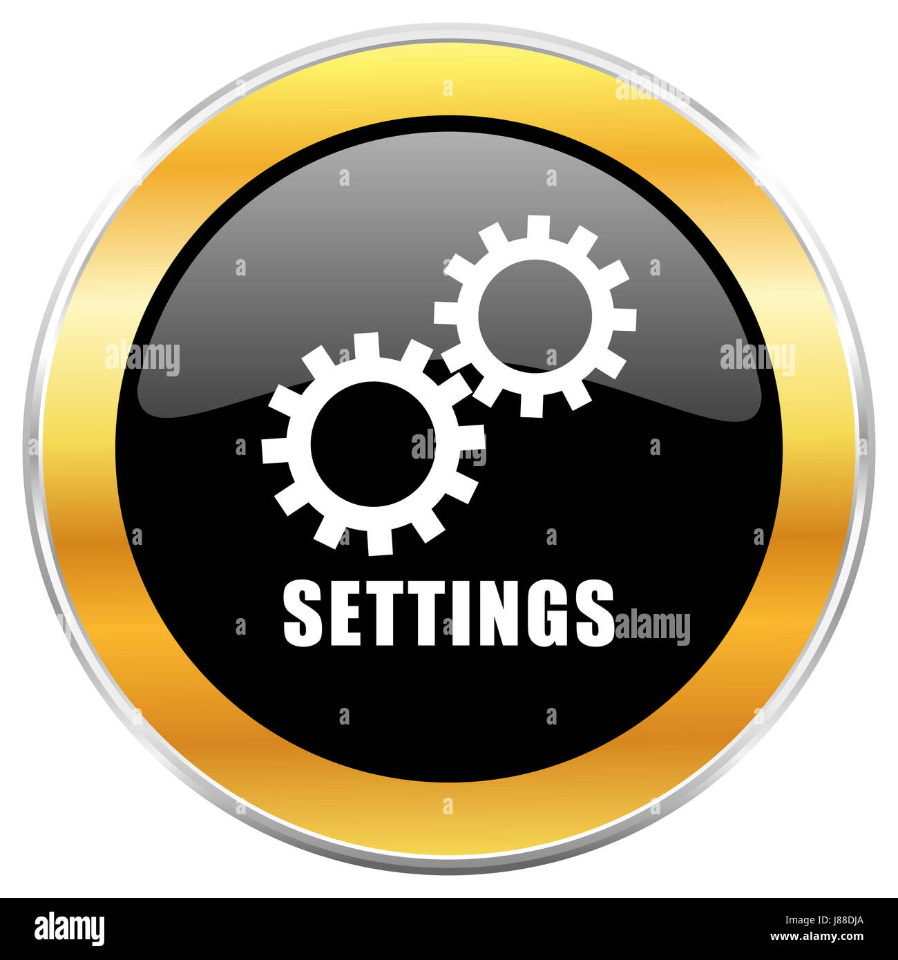 Settings black web icon with golden border isolated on white background ...
