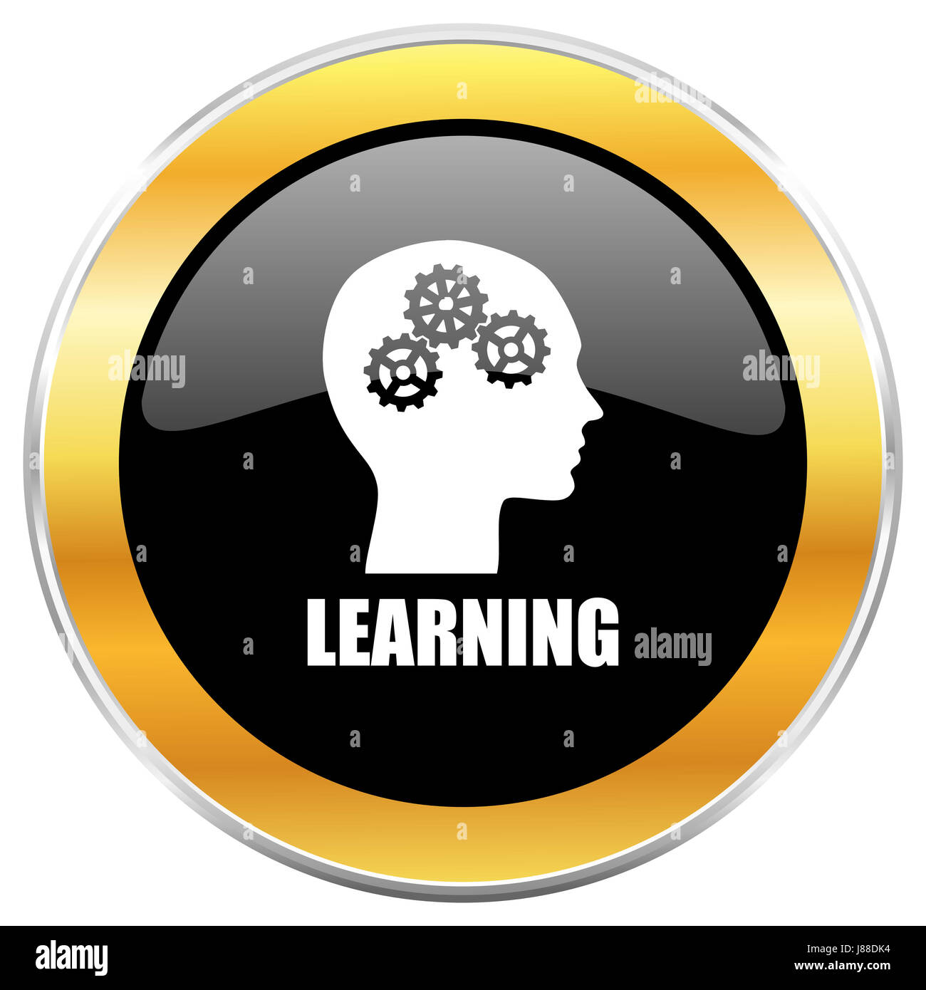 Learning black web icon with golden border isolated on white background ...