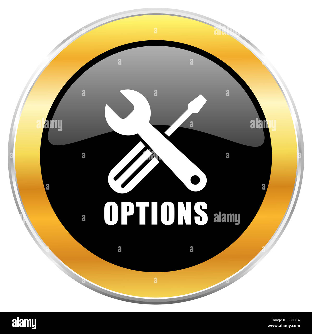 Options black web icon with golden border isolated on white background ...