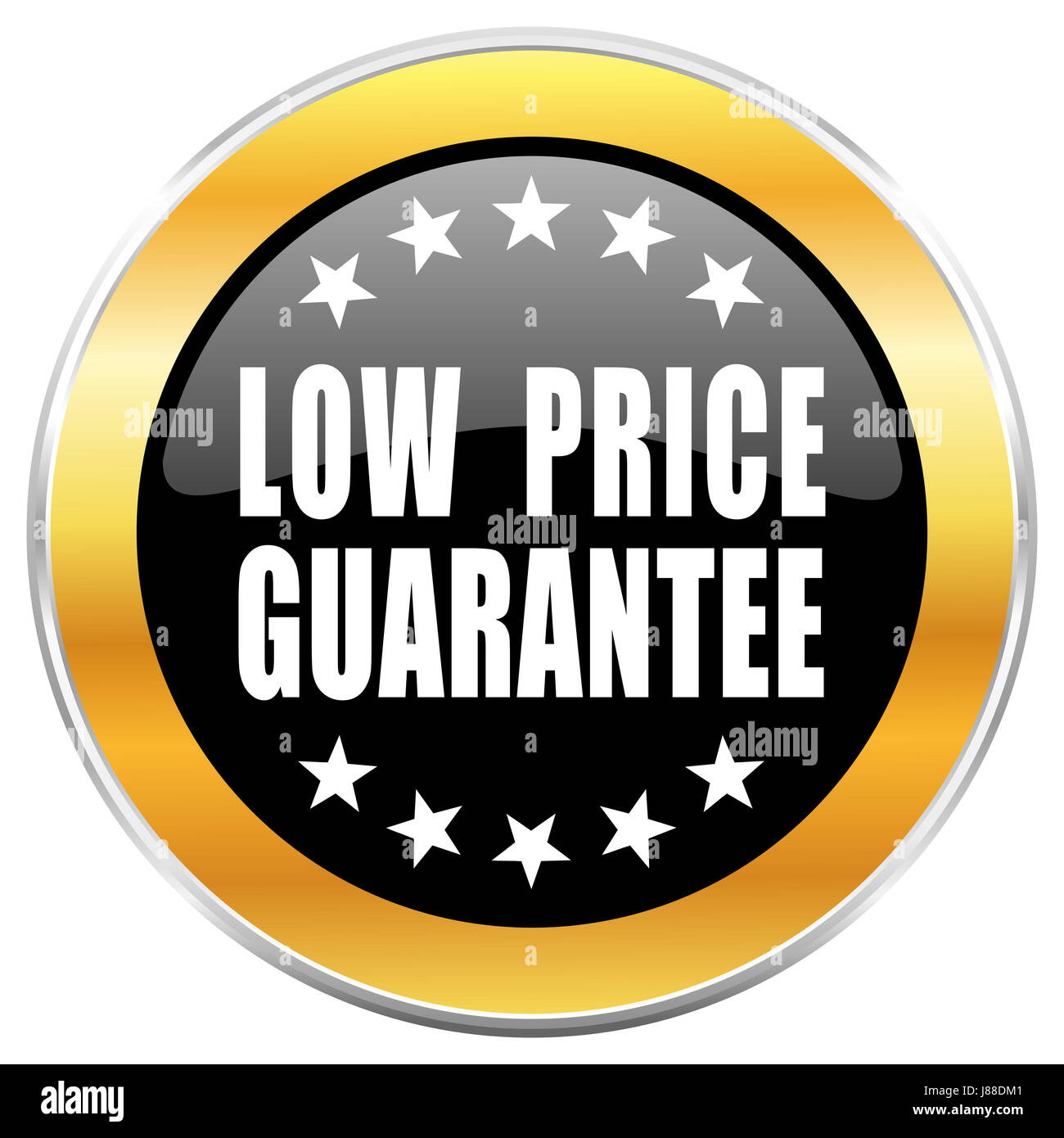 Low price guarantee black web icon with golden border isolated on white ...