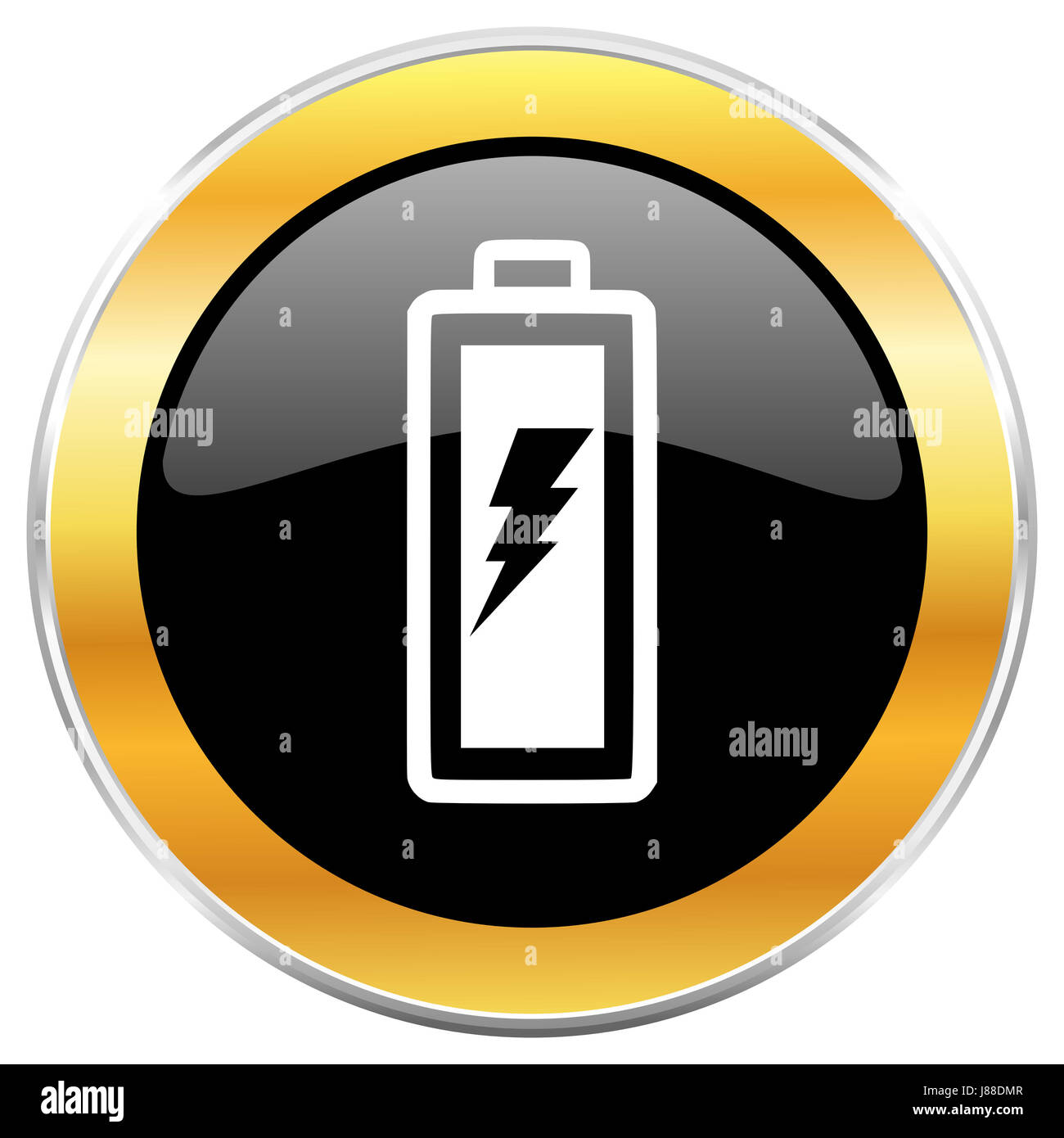 Battery black web icon with golden border isolated on white background ...