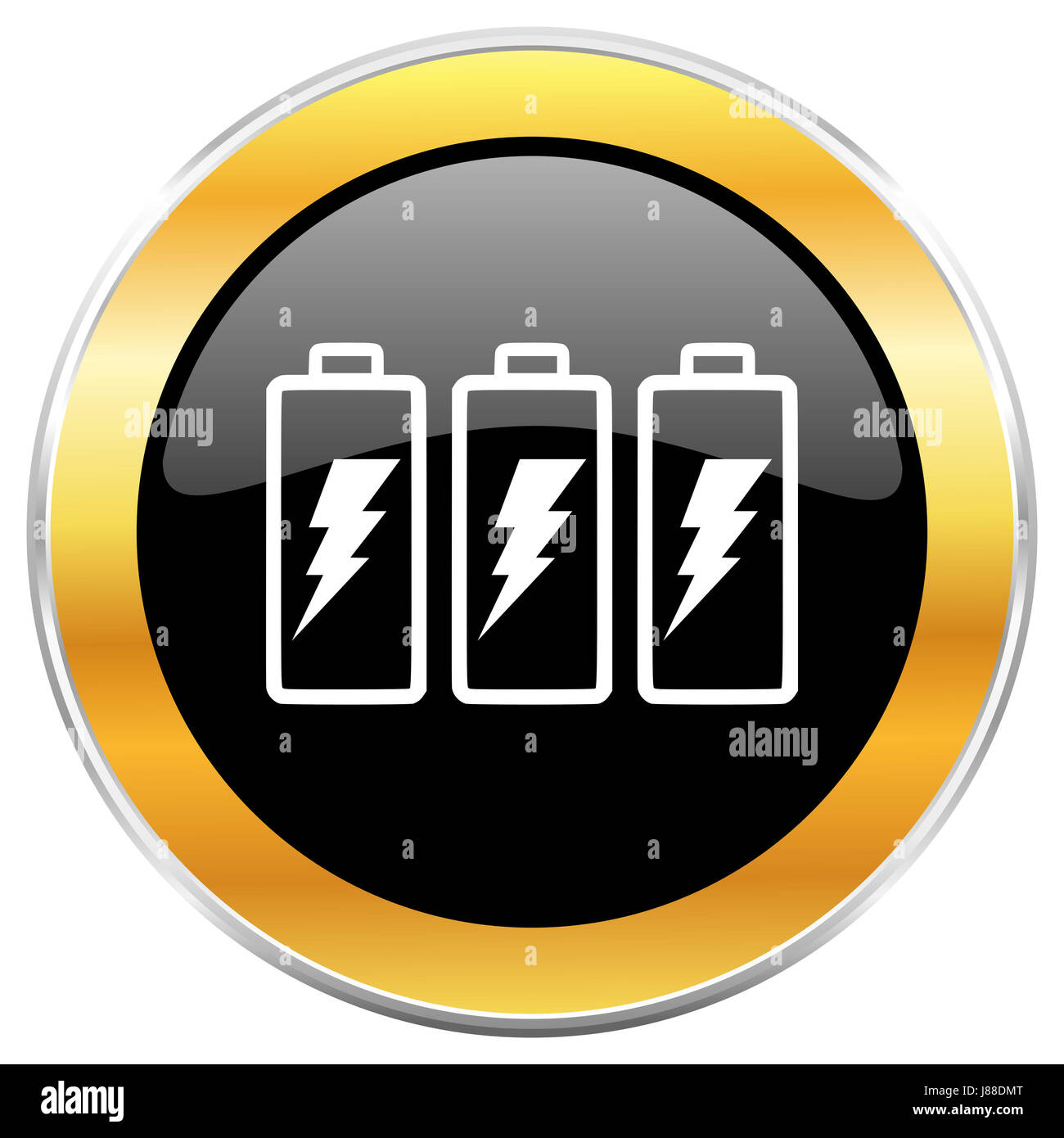 Battery black web icon with golden border isolated on white background ...