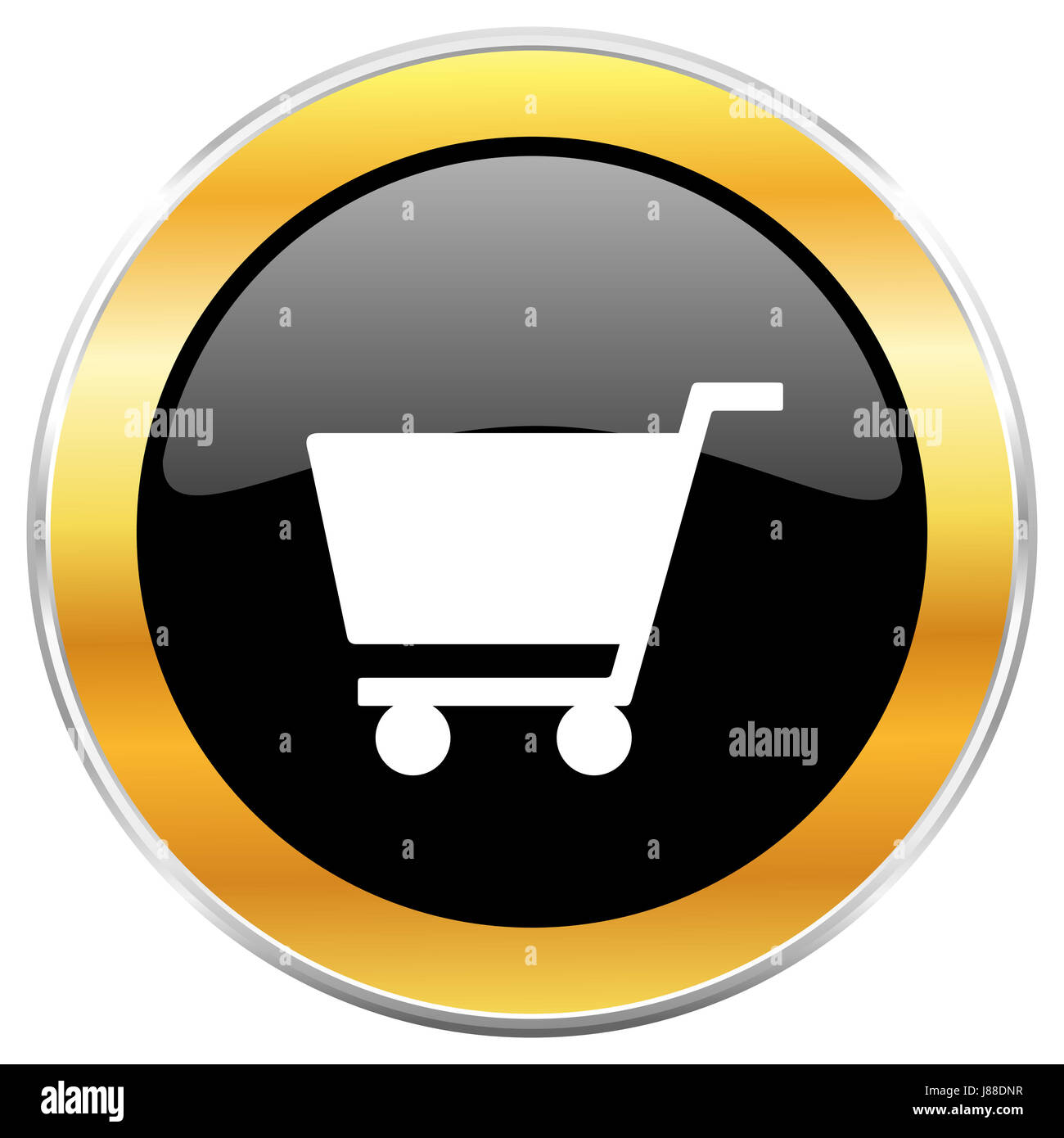 Cart black web icon with golden border isolated on white background ...
