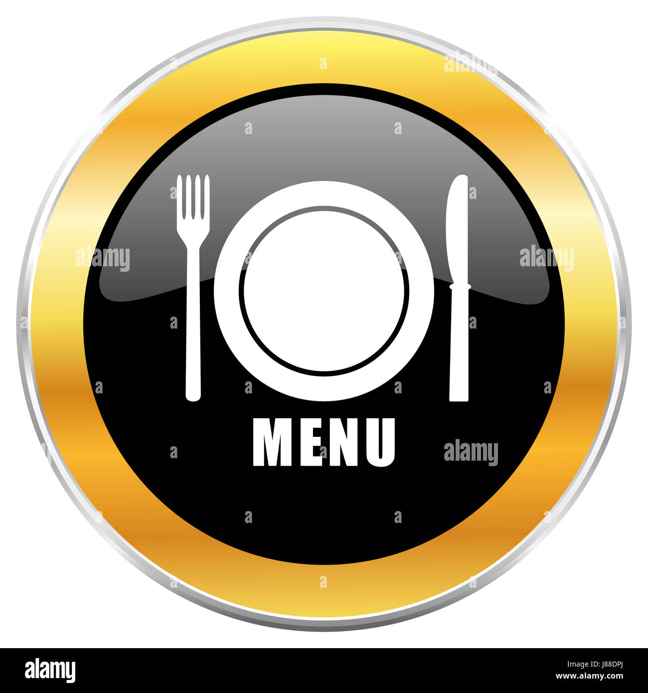 Menu black web icon with golden border isolated on white background ...