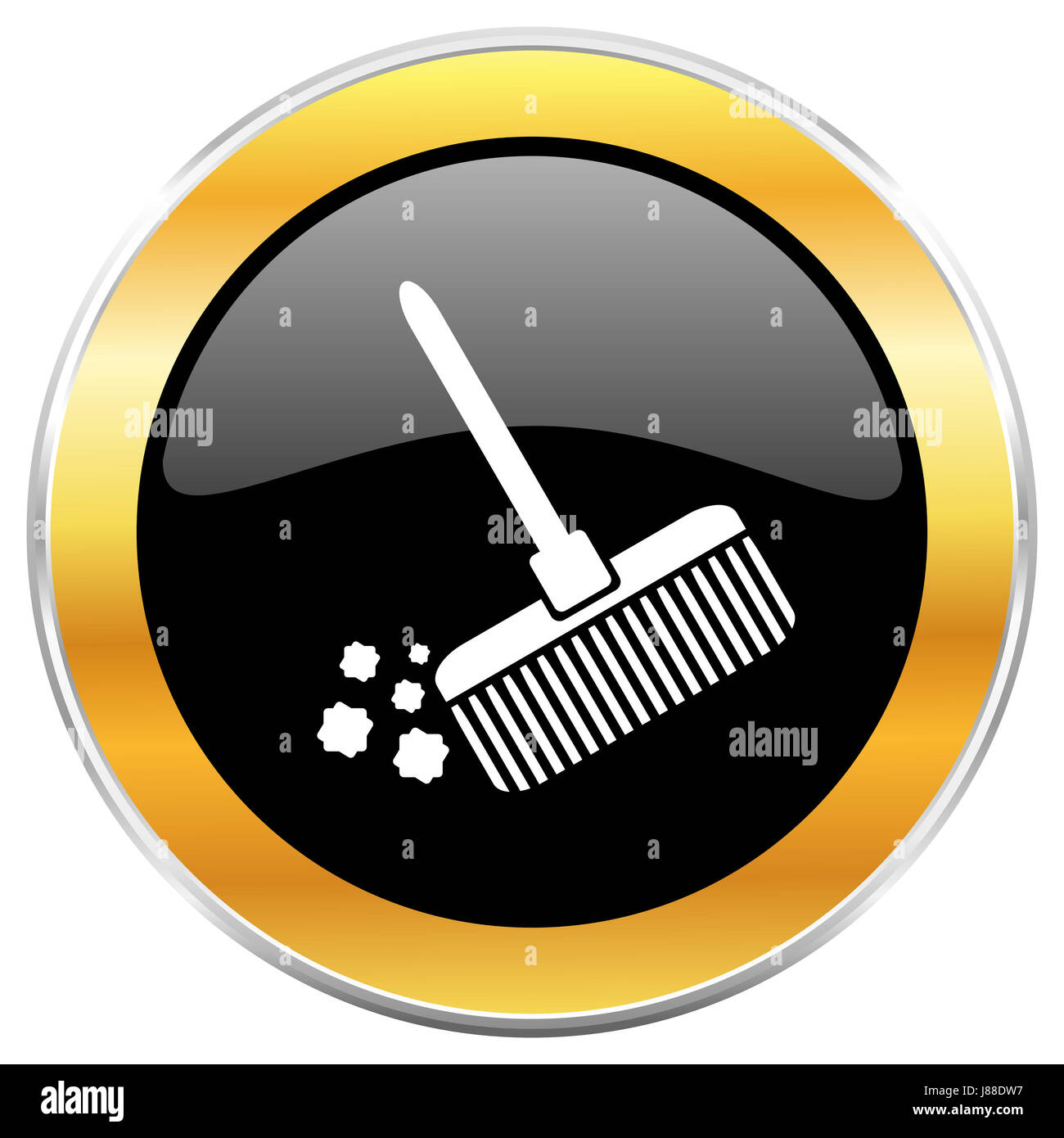 Broom black web icon with golden border isolated on white background ...
