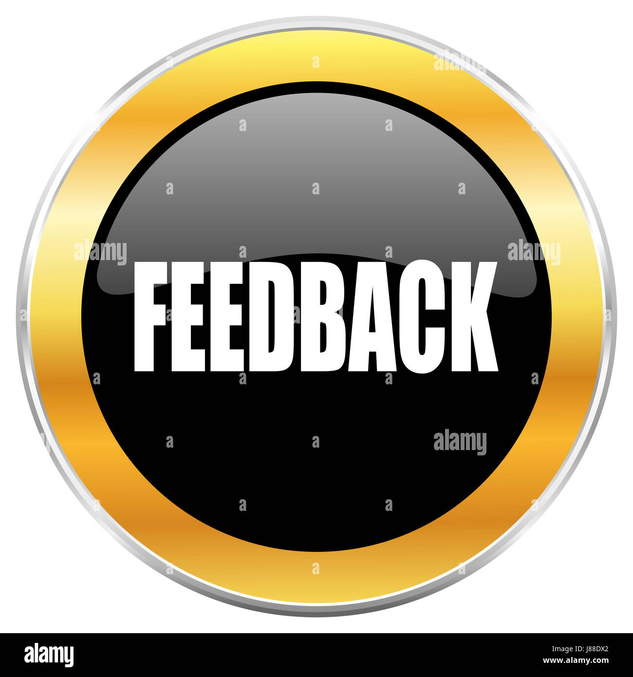 Feedback black web icon with golden border isolated on white background ...