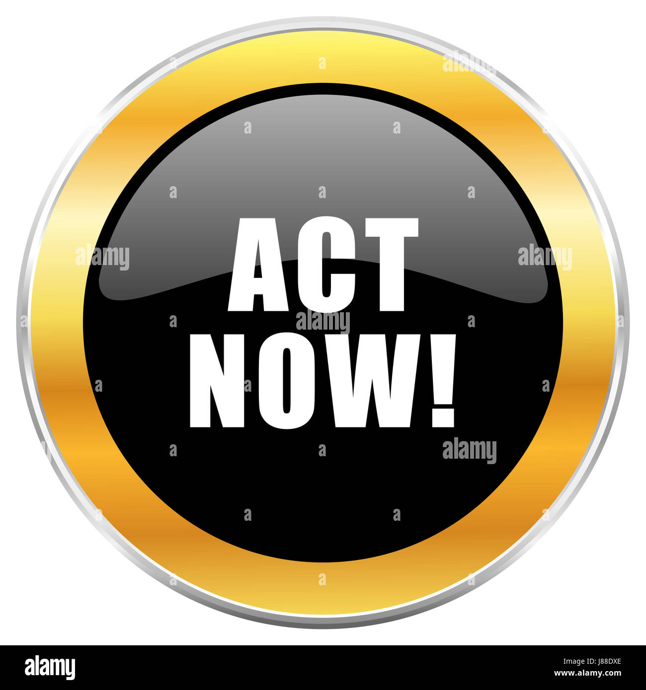 Act now black web icon with golden border isolated on white background ...
