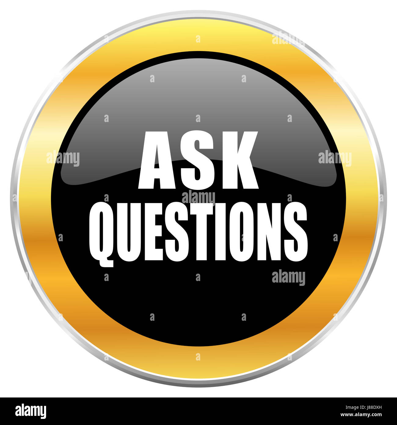 Ask questions black web icon with golden border isolated on white ...