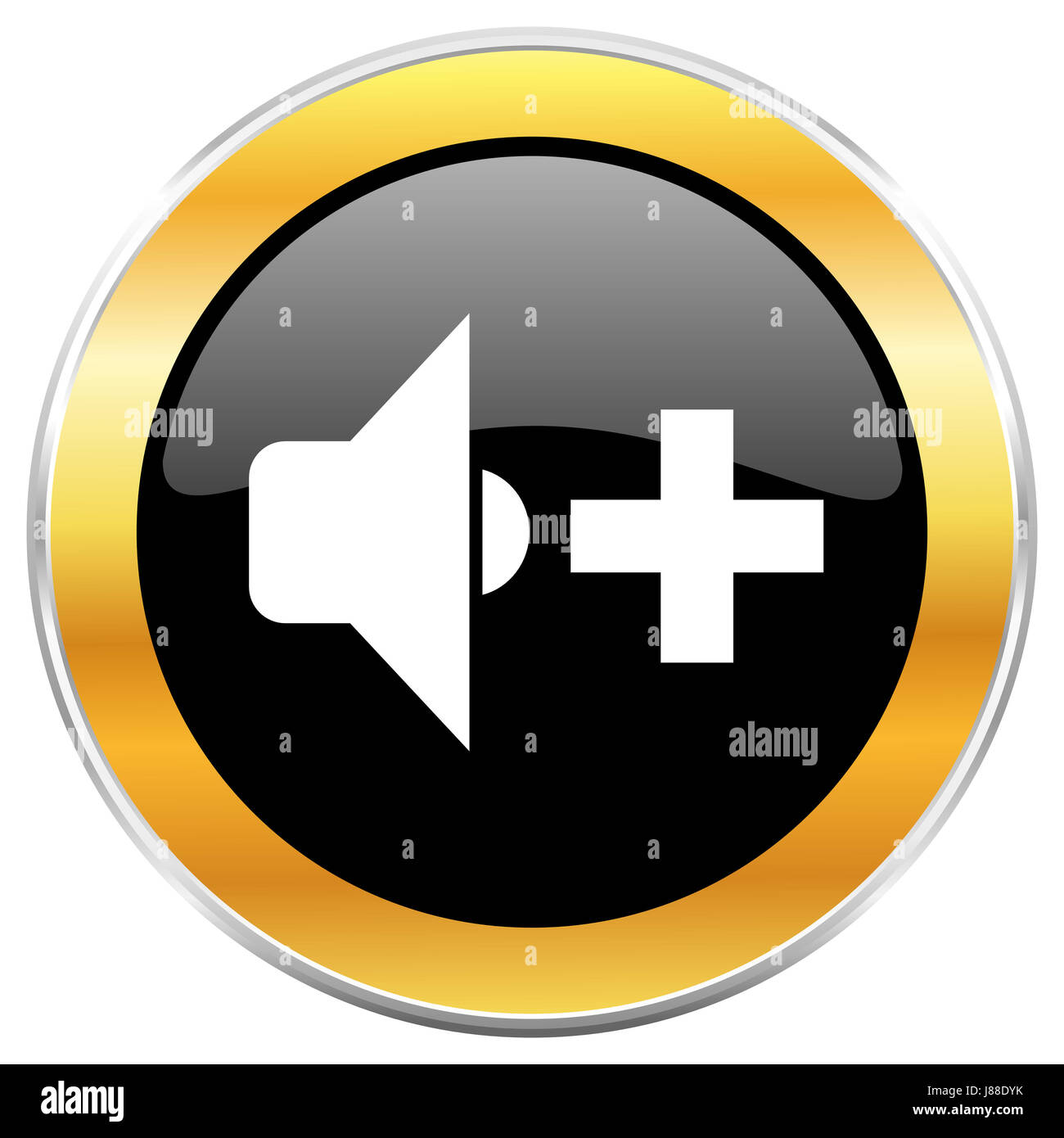 Speaker volume black web icon with golden border isolated on white ...