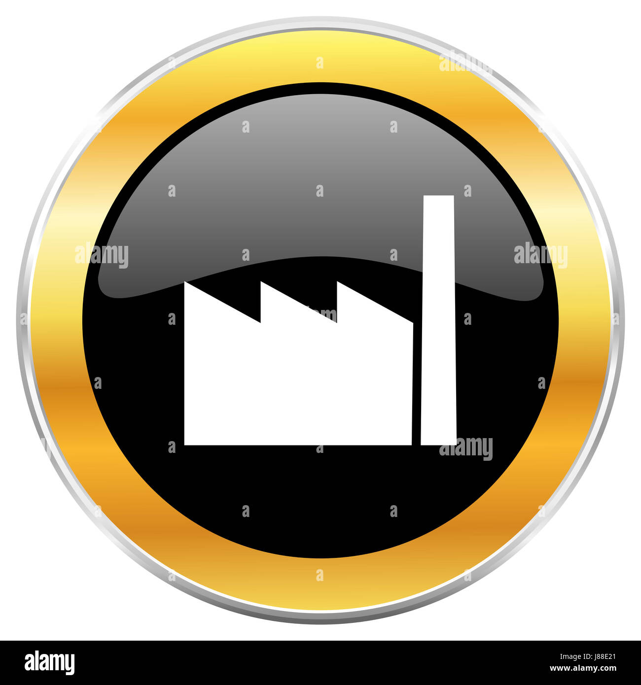 Factory black web icon with golden border isolated on white background ...