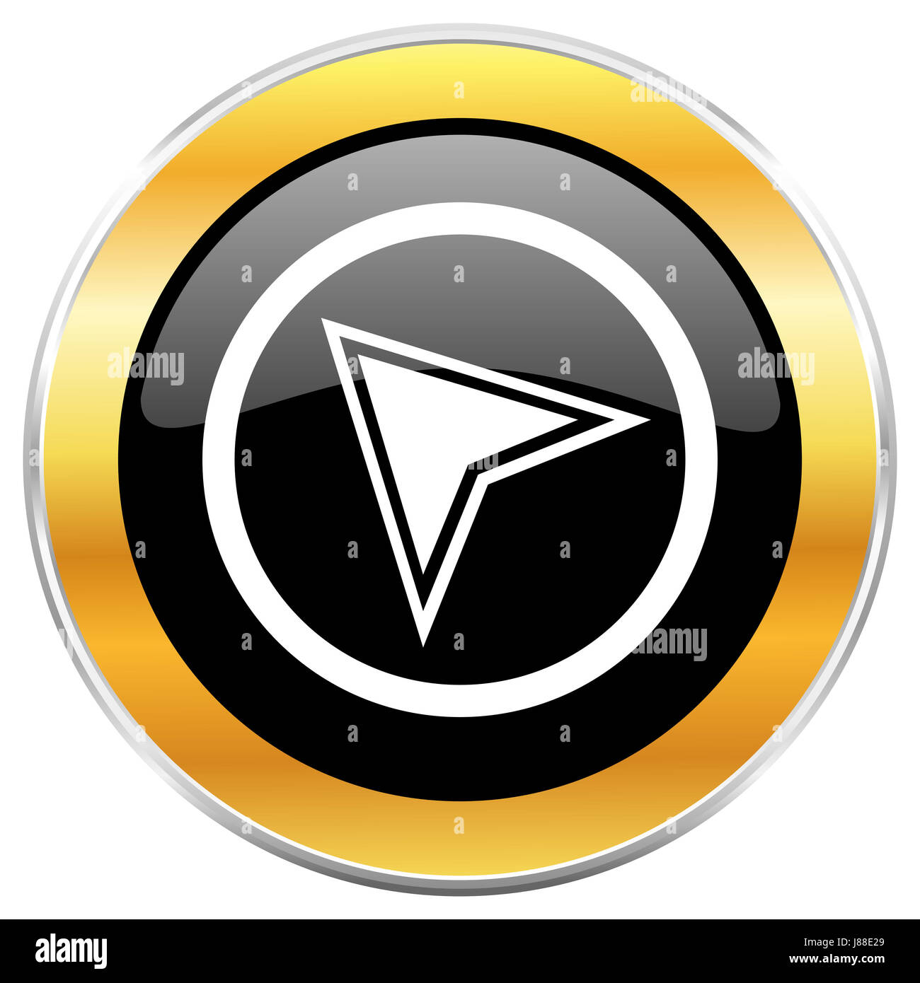 Navigation black web icon with golden border isolated on white ...