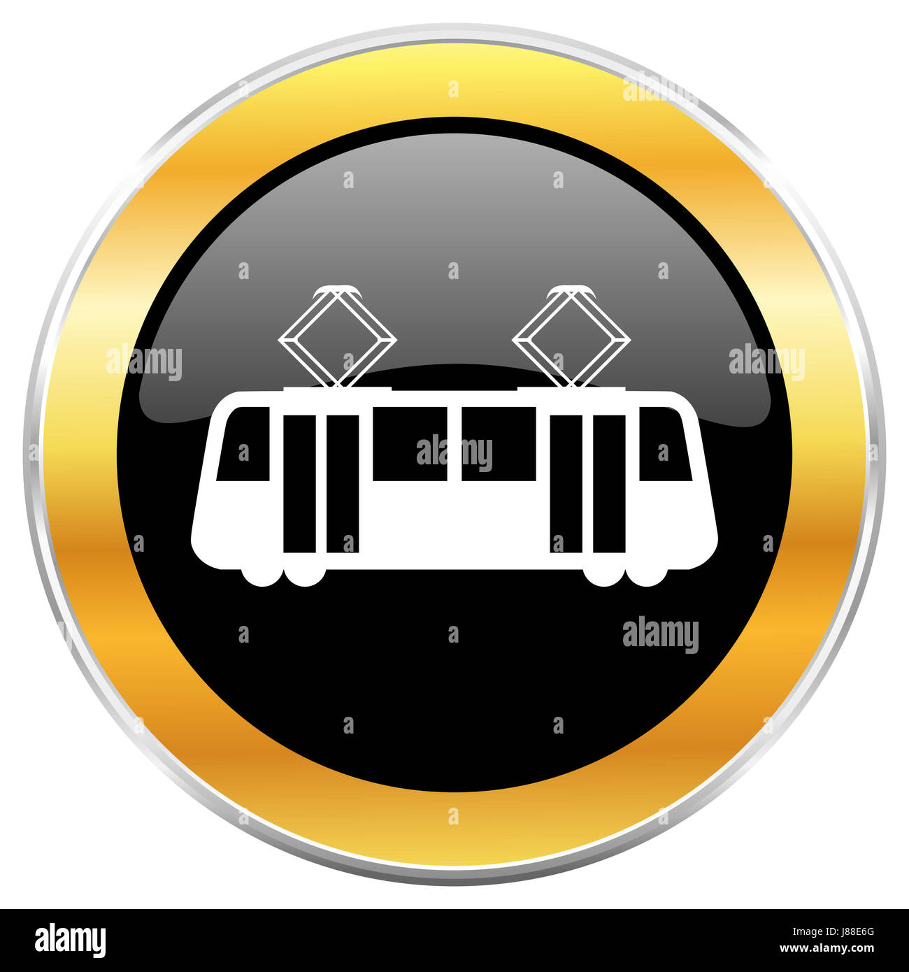 Tram black web icon with golden border isolated on white background ...