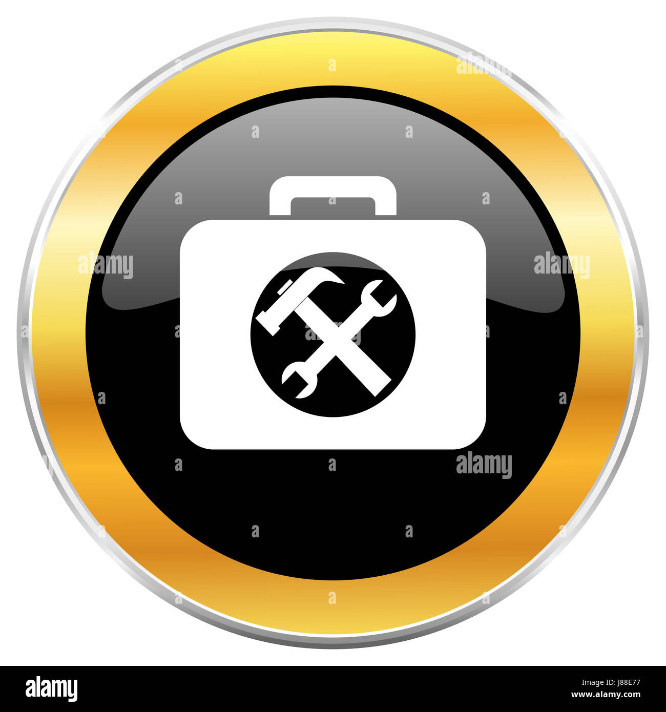 Toolkit black web icon with golden border isolated on white background ...