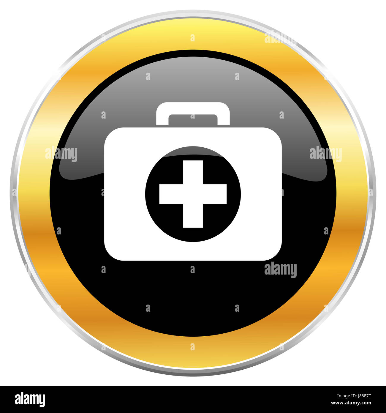 First aid black web icon with golden border isolated on white ...