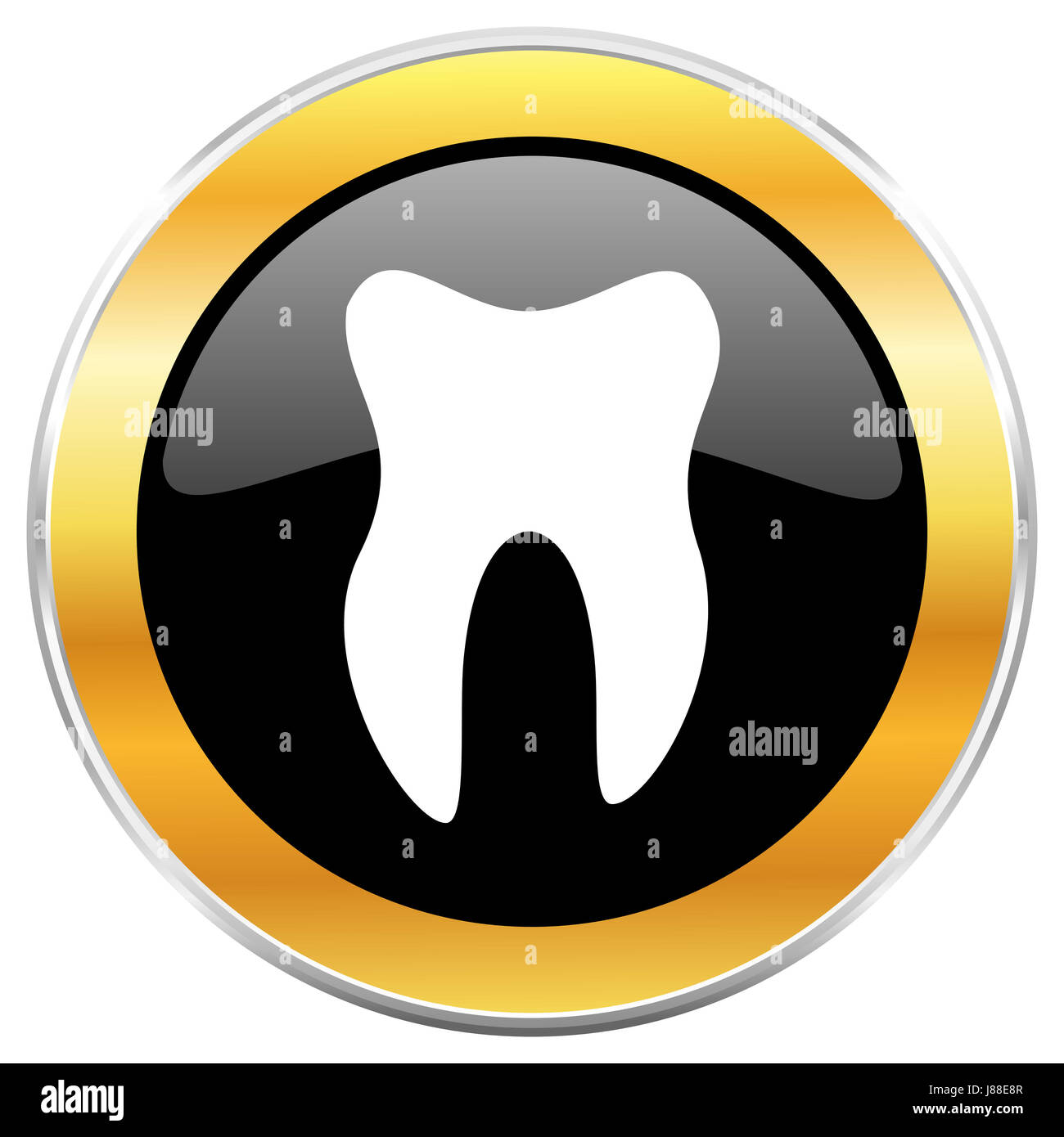 Tooth black web icon with golden border isolated on white background ...