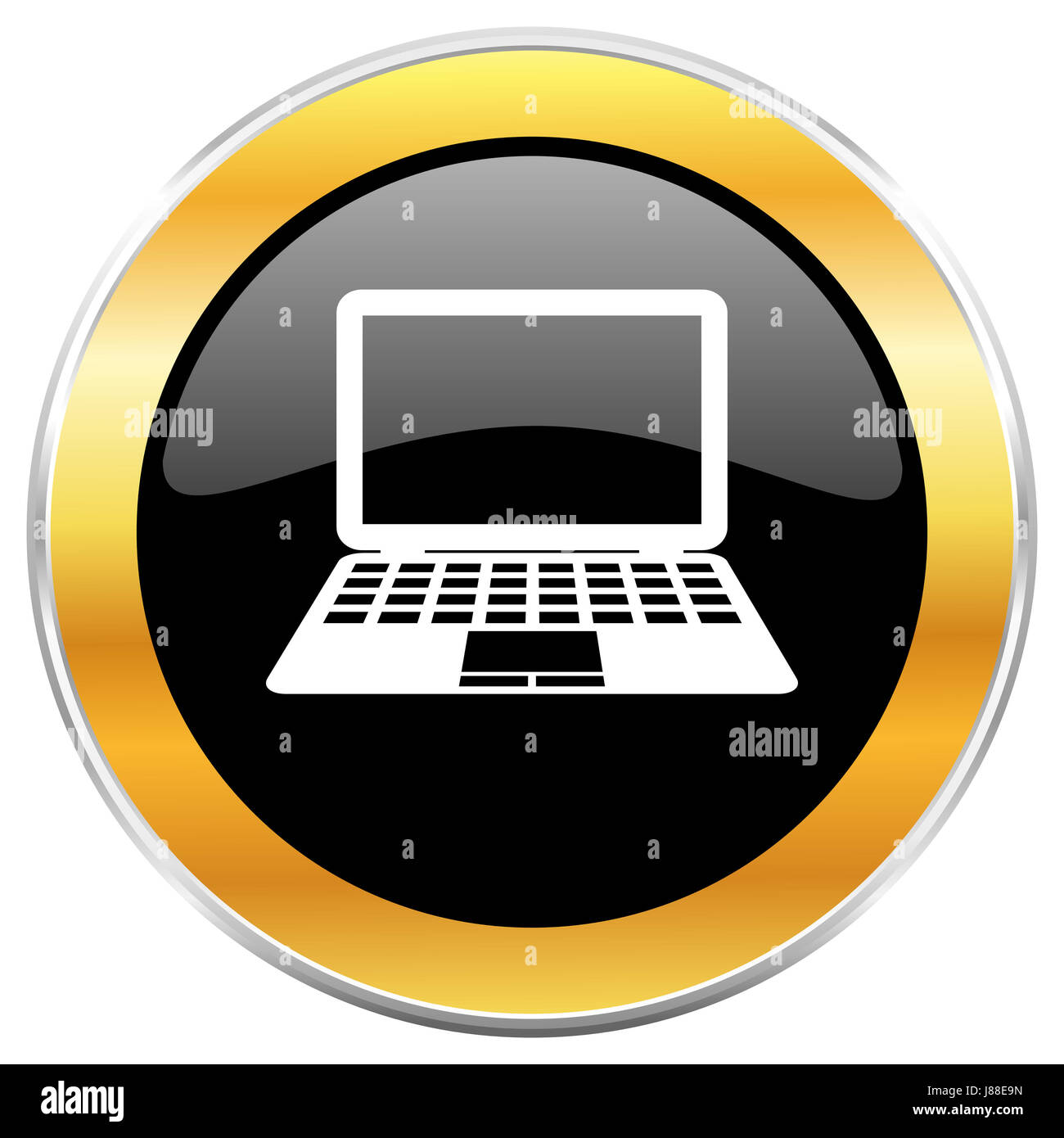 Computer black web icon with golden border isolated on white background. Round glossy button ...