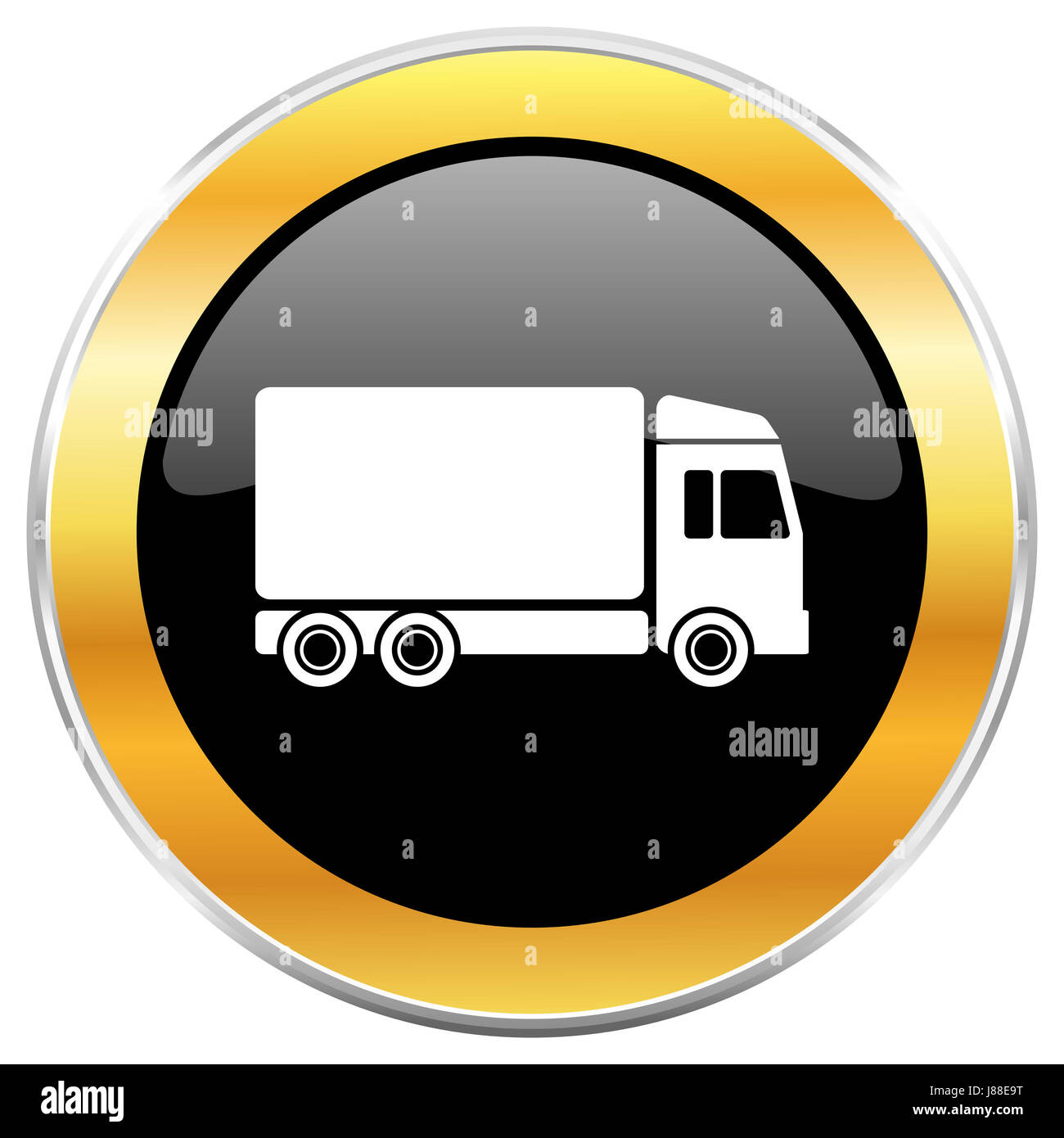 Delivery black web icon with golden border isolated on white background ...