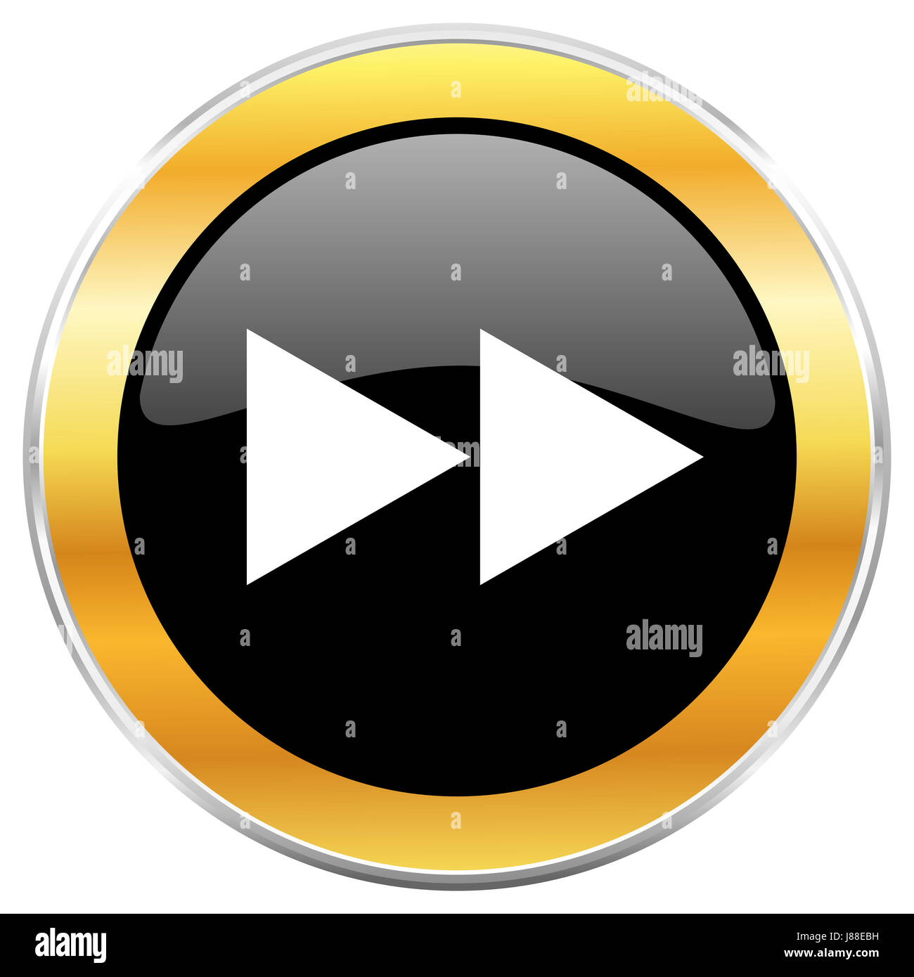 Rewind black web icon with golden border isolated on white background ...