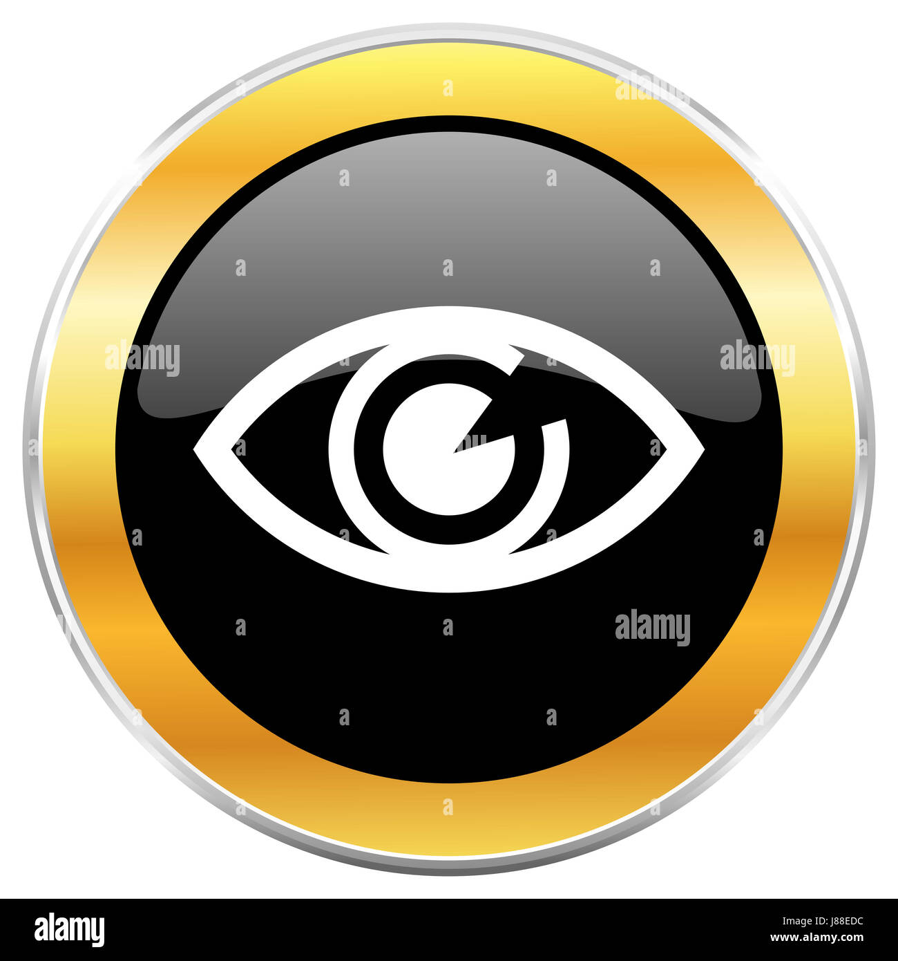 Eye black web icon with golden border isolated on white background ...