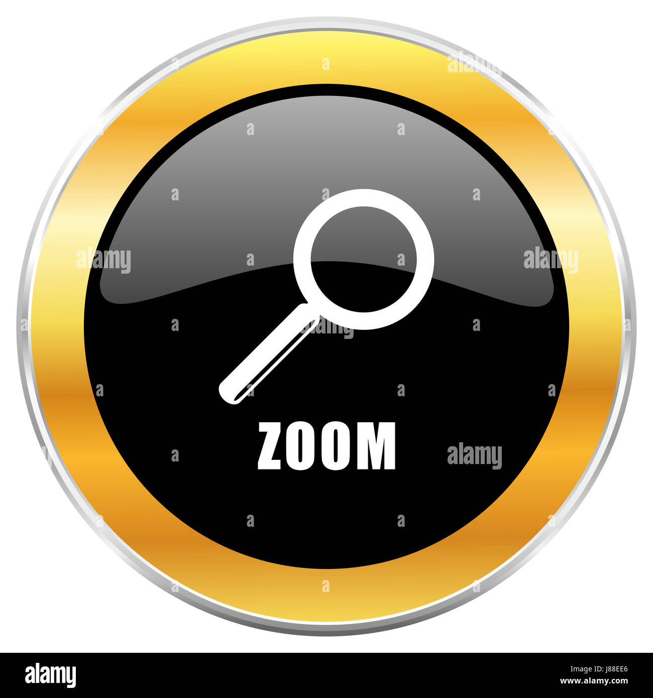 Zoom black web icon with golden border isolated on white background ...
