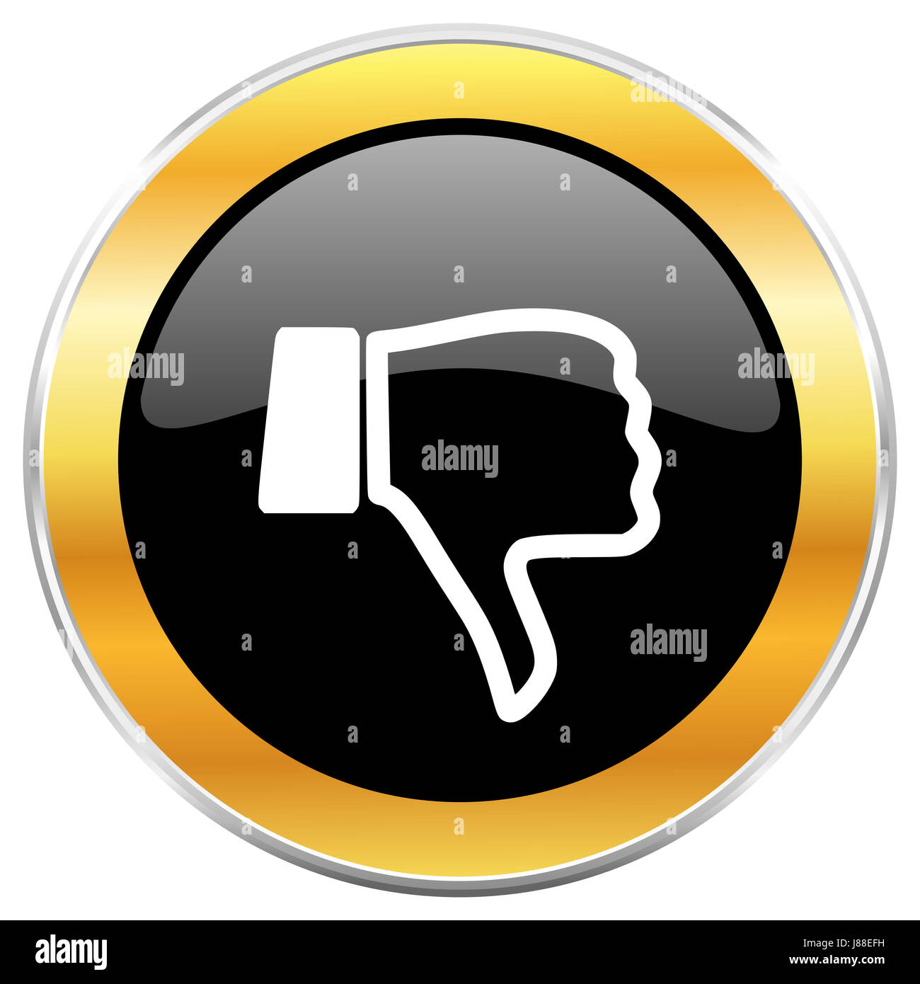 Dislike black web icon with golden border isolated on white background ...