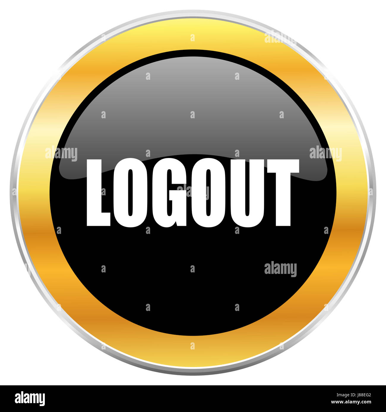 Logout black web icon with golden border isolated on white background ...