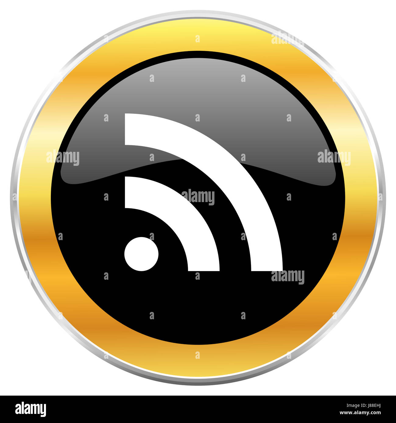 Rss black web icon with golden border isolated on white background ...
